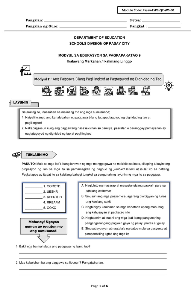 7 ESP 9 - Quarter 2 values education module | PDF