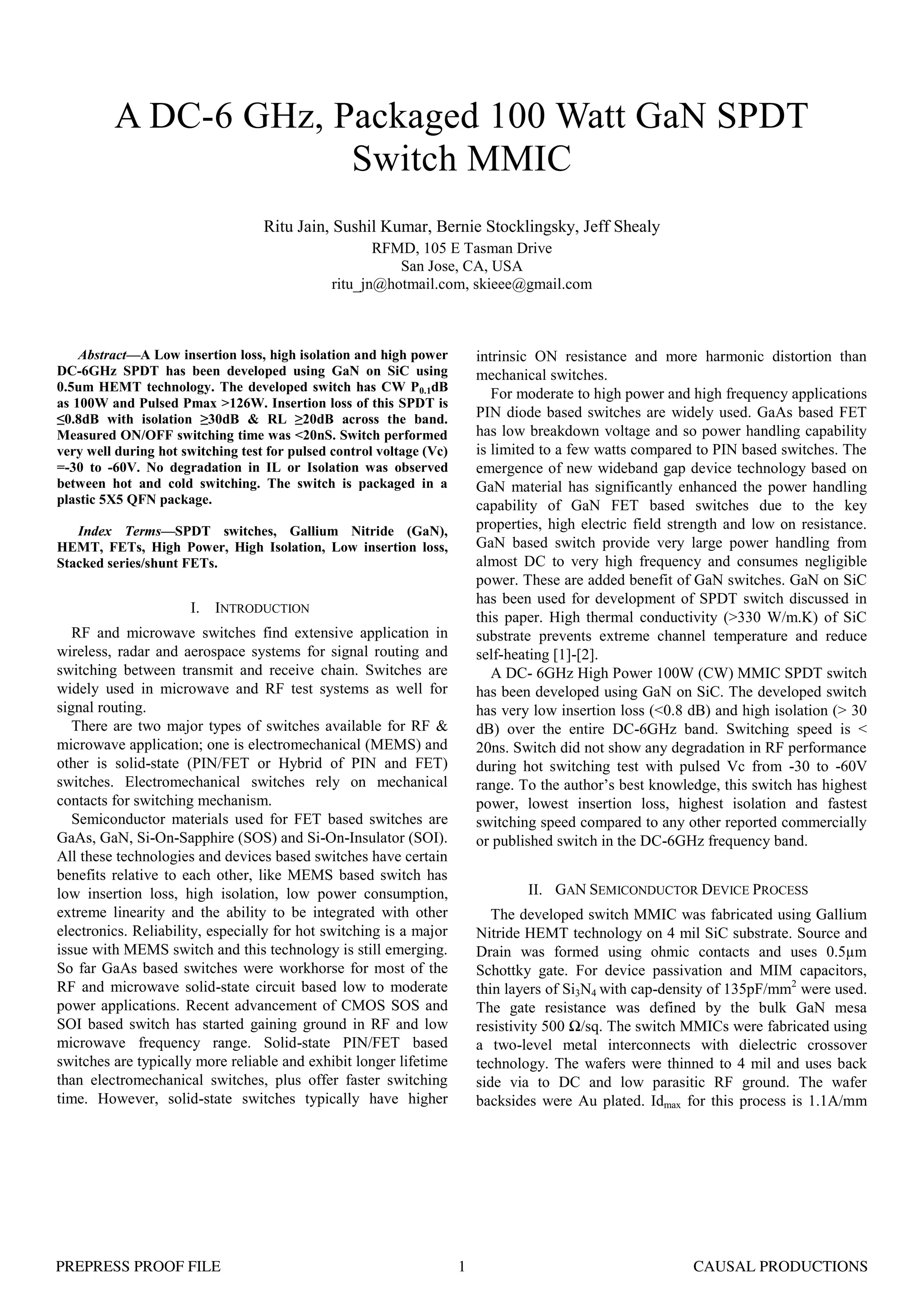 A DC-6 GHz, Packaged 100 Watt GaN SPDT Switch MMIC | PDF