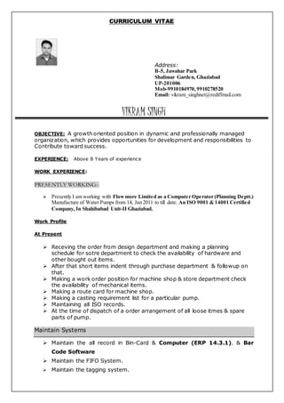 CV Vikram Singh Computer Operator Planning Experience | PDF