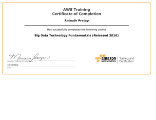 Certificate - AWS Big DATA Technology Fundamentals | PDF