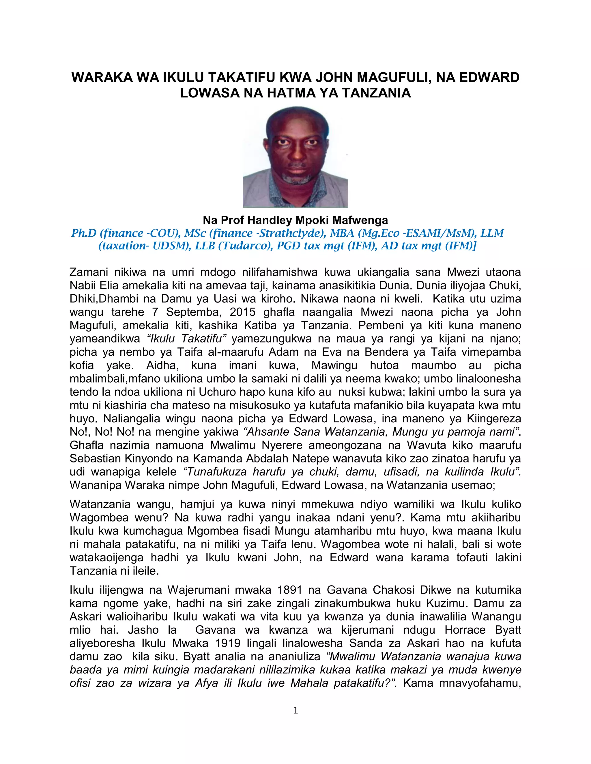 WARAKA WA IKULU TAKATIFU KWA JOHN MAGUFULI, NA EDWARD LOWASA NA HATMA ...