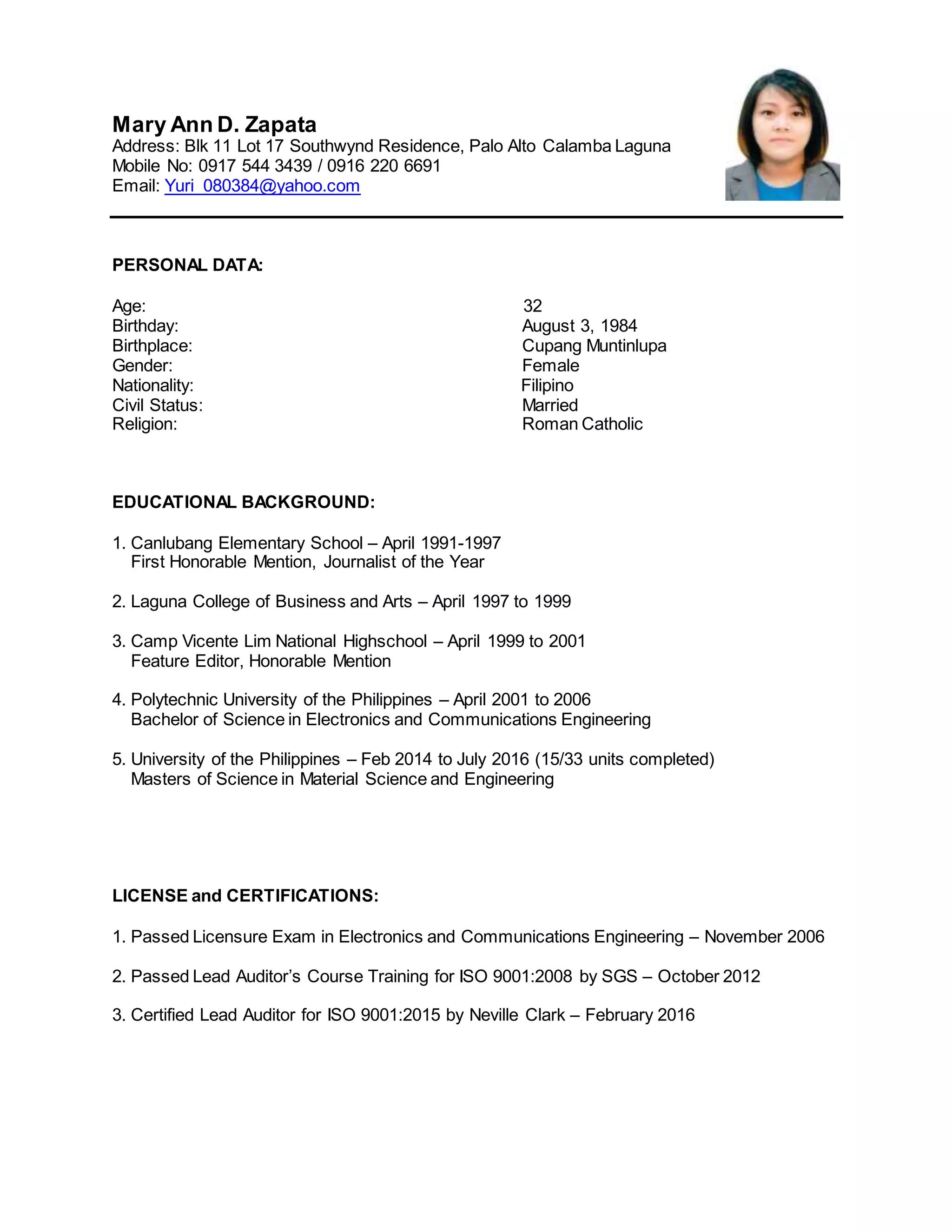 Mary Ann Zapata CV | DOCX