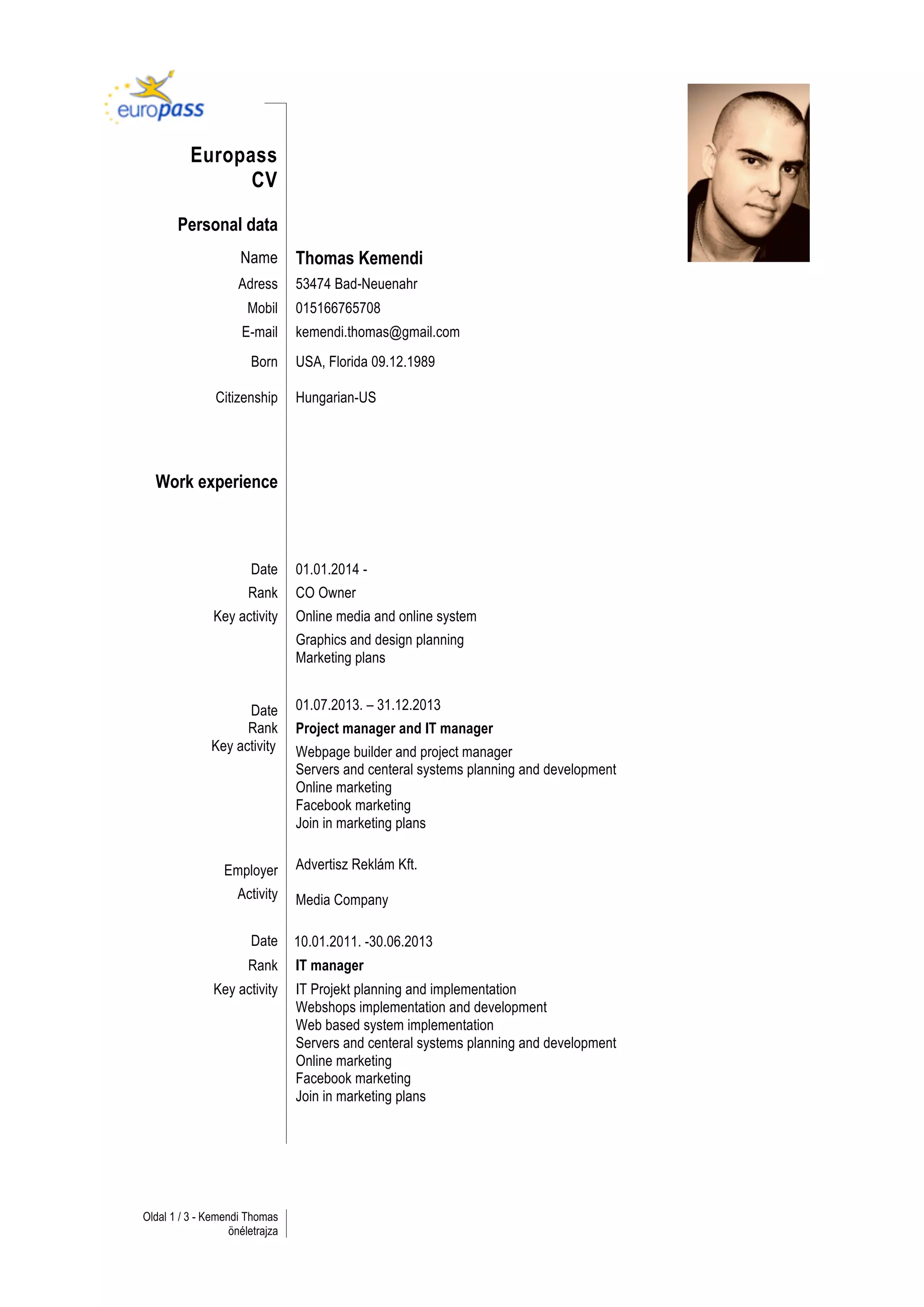 Thomas Kemendi - CV | PDF