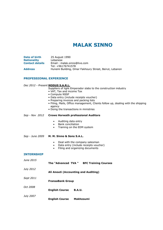 MALAK SINNO CV | PDF | Business Administration | Business