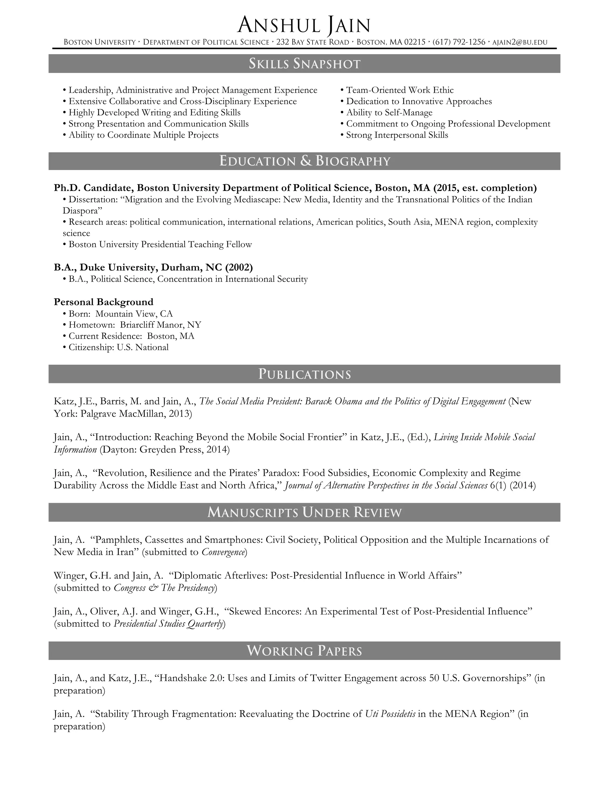 Anshul Jain CV - Fall 2014 gen | PDF