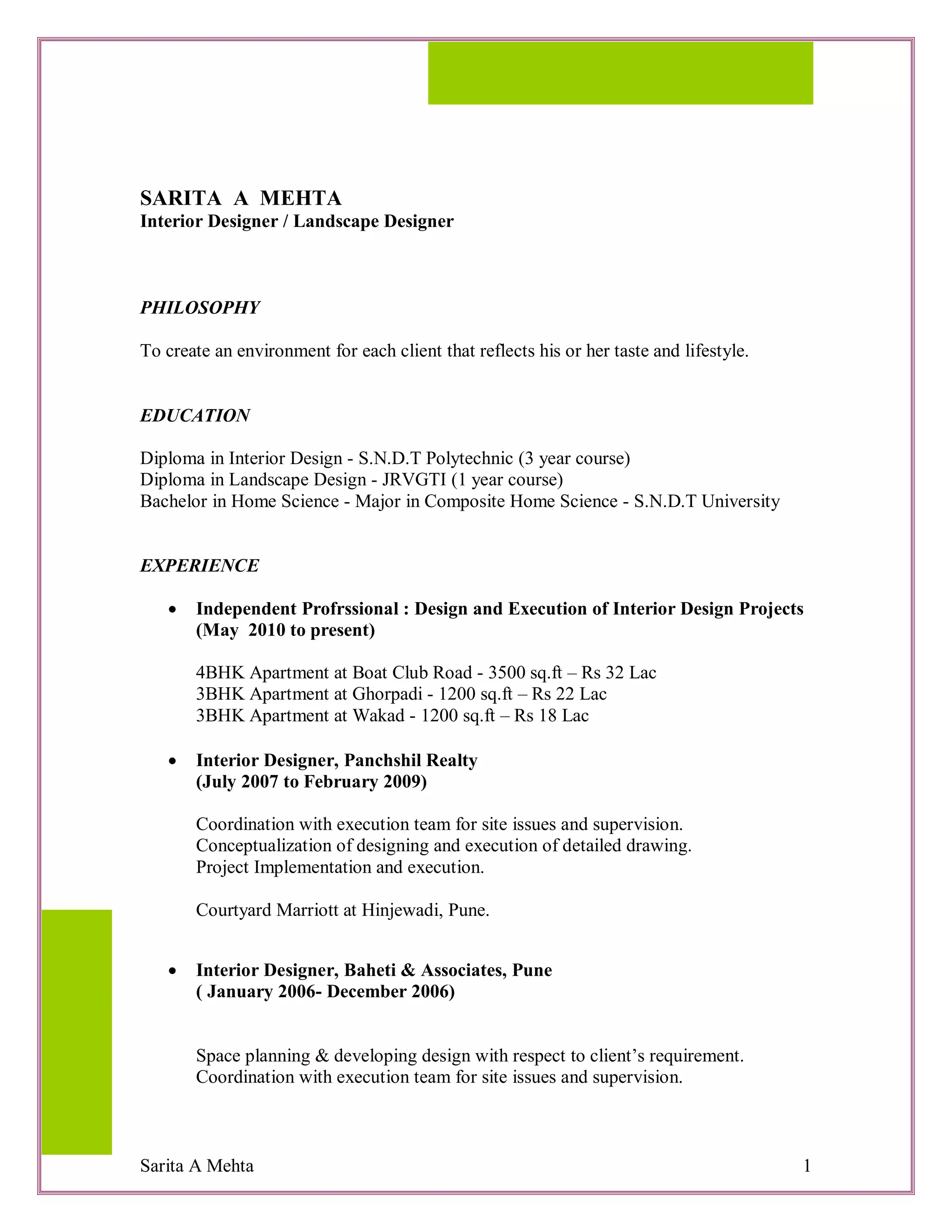 Sarita A Mehta-Profile-Revised | PDF | Landscaping | Home & Garden