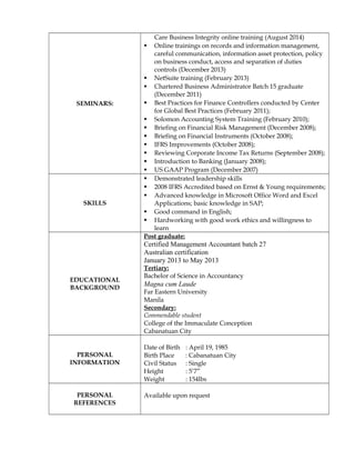 Demson Parumog resume April 1 2016 | DOC