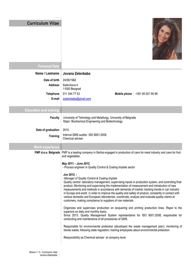 Jovana Zelenbaba-CV (english) | PDF | Free Download