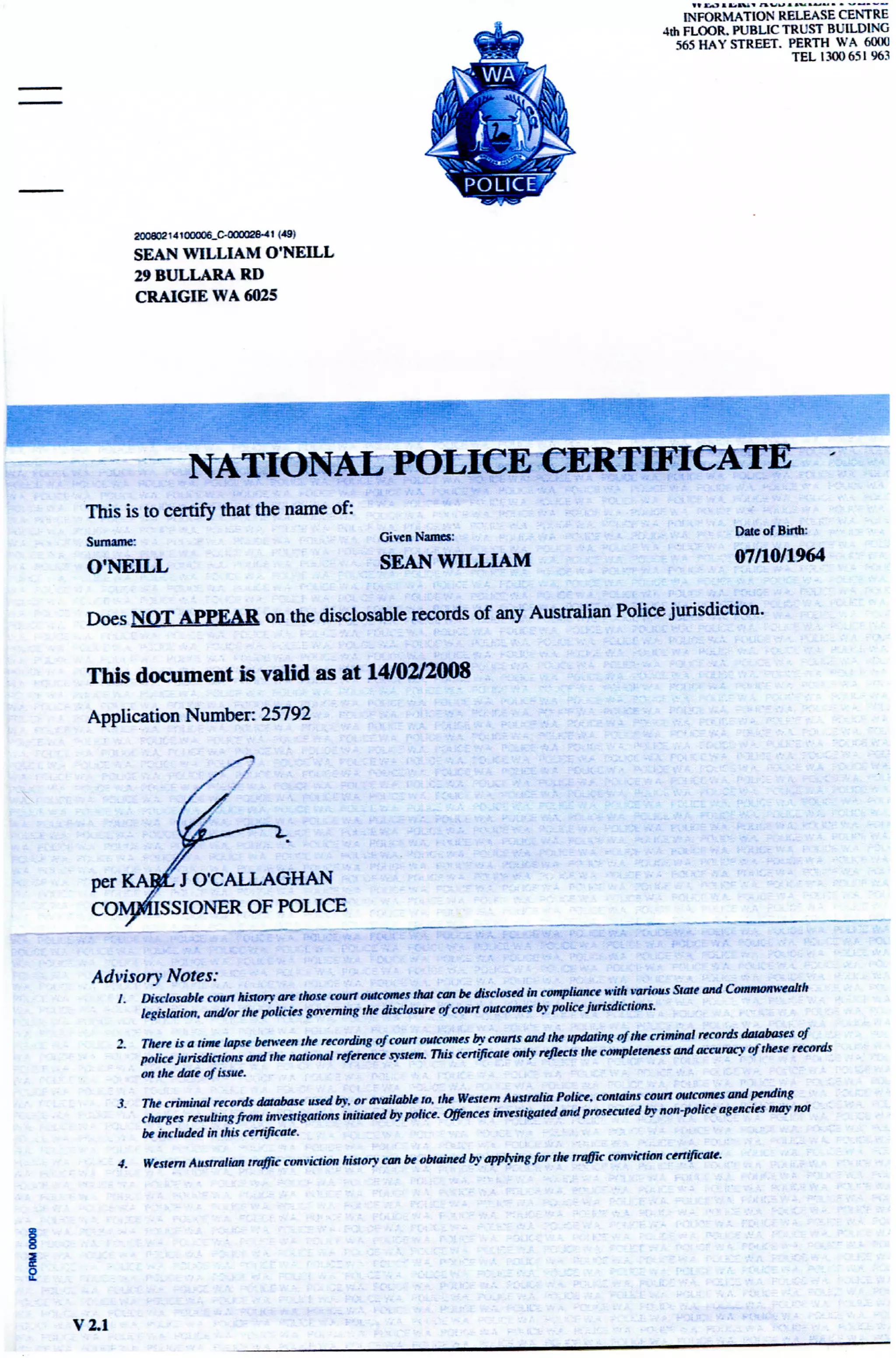 National Police Certificate 2008 | PDF