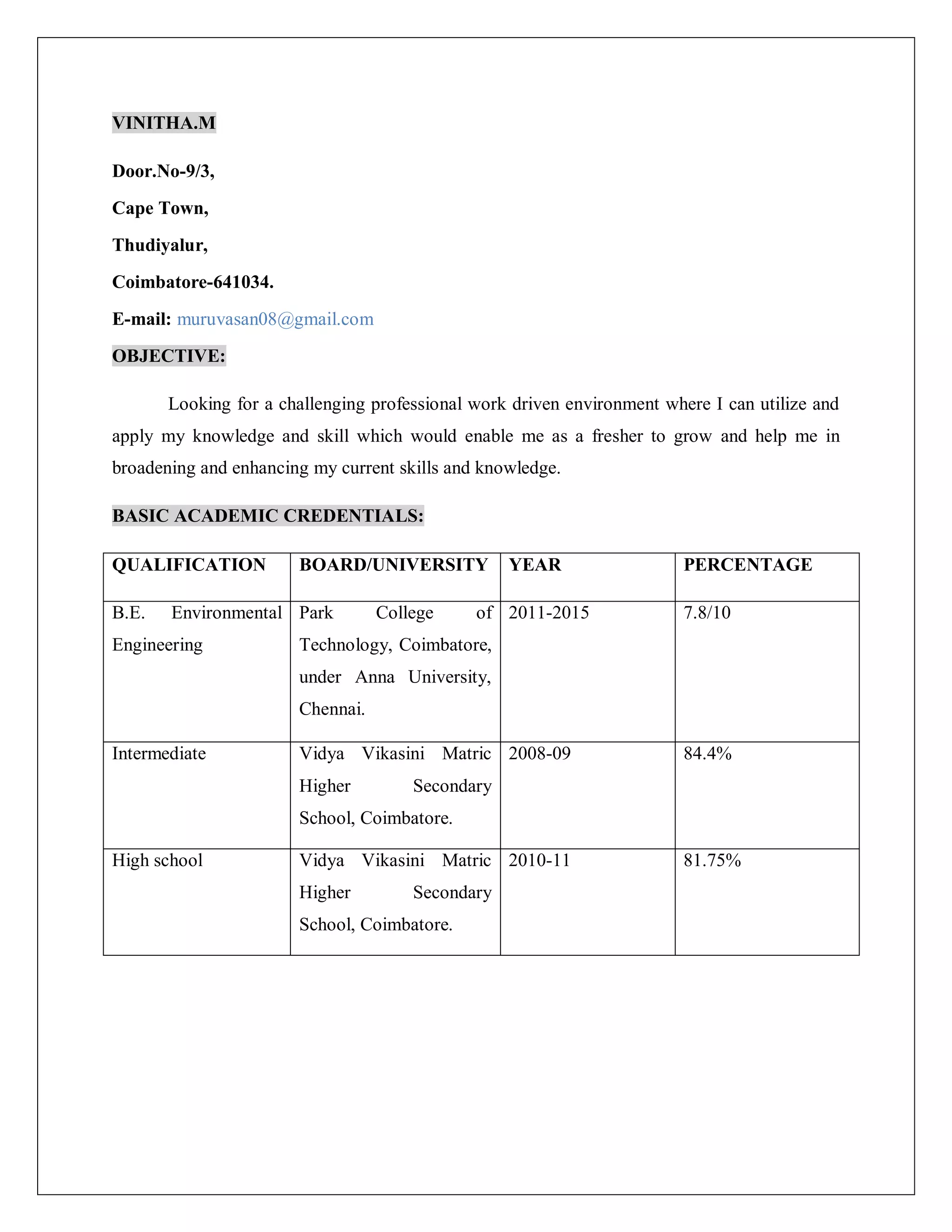 VINITHA resume | PDF