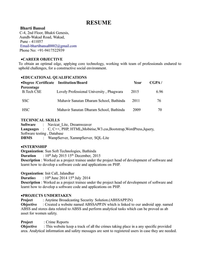 bharti_cv pune | DOC | Computing | Technology & Computing