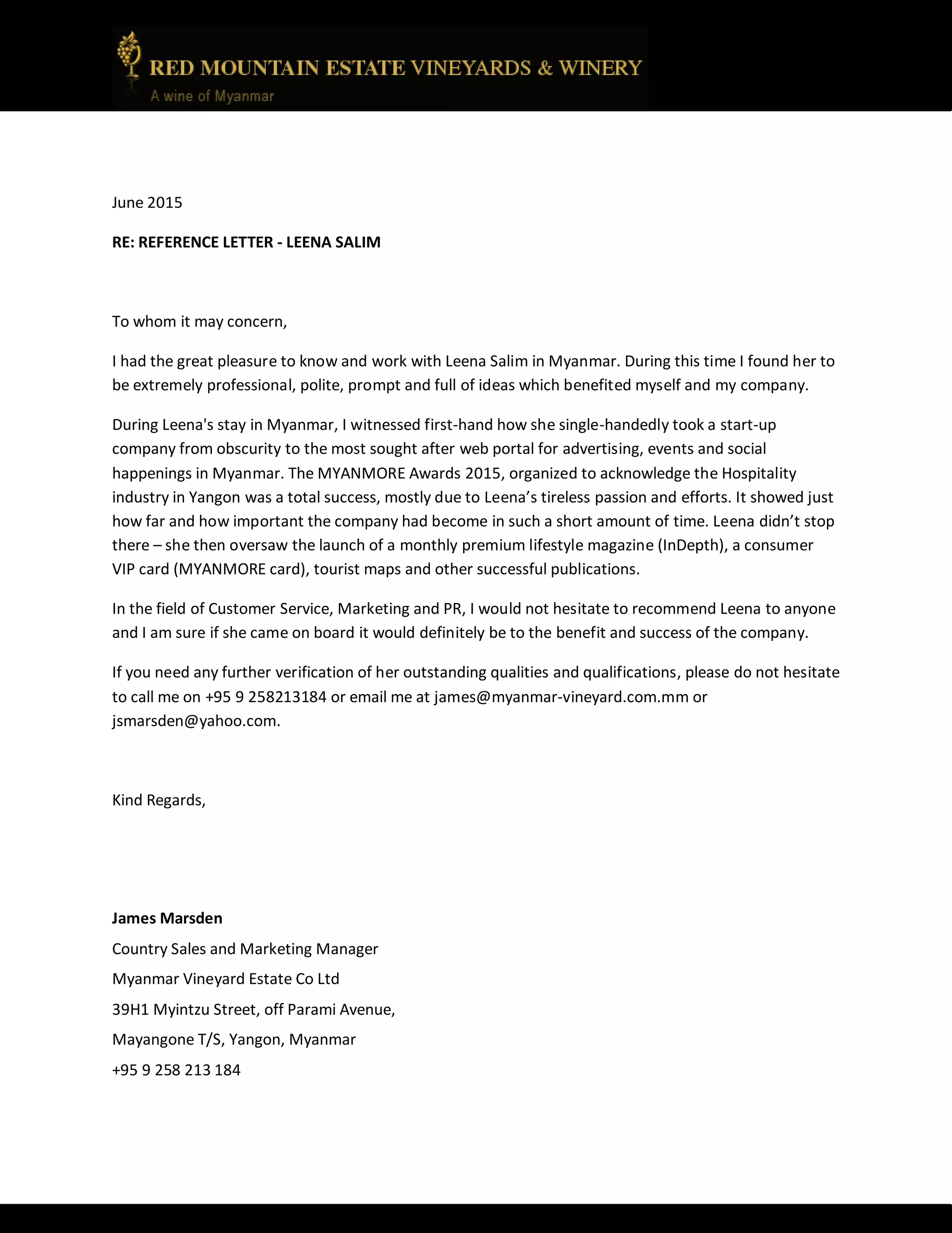 Ref letter for Leena - James Marsden | PDF