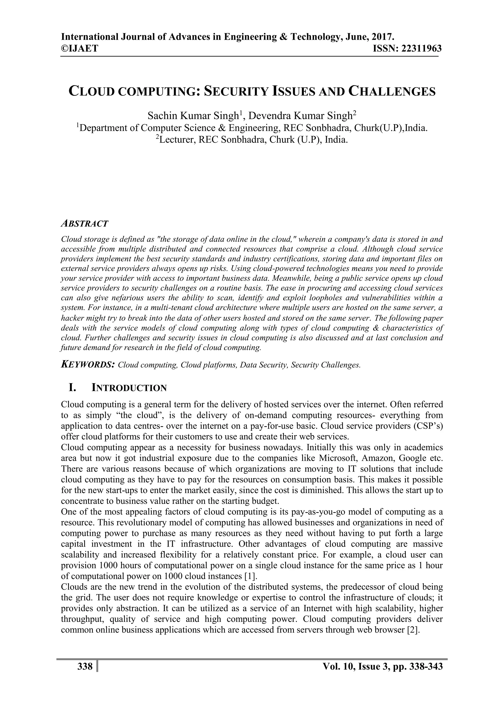 CLOUD COMPUTING: SECURITY ISSUES AND CHALLENGES | PDF