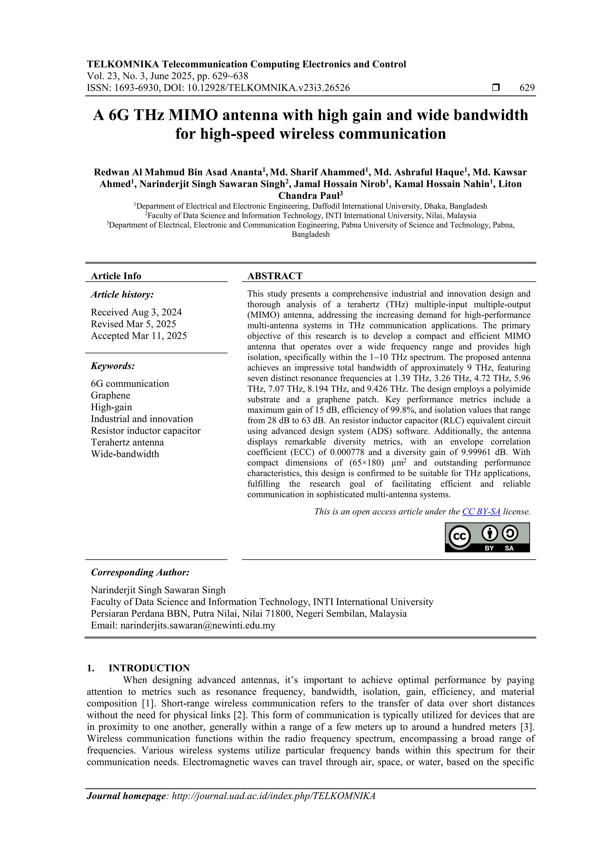 A 6G THz MIMO antenna with high gain and wide bandwidth for high-speed wireless communication | PDF