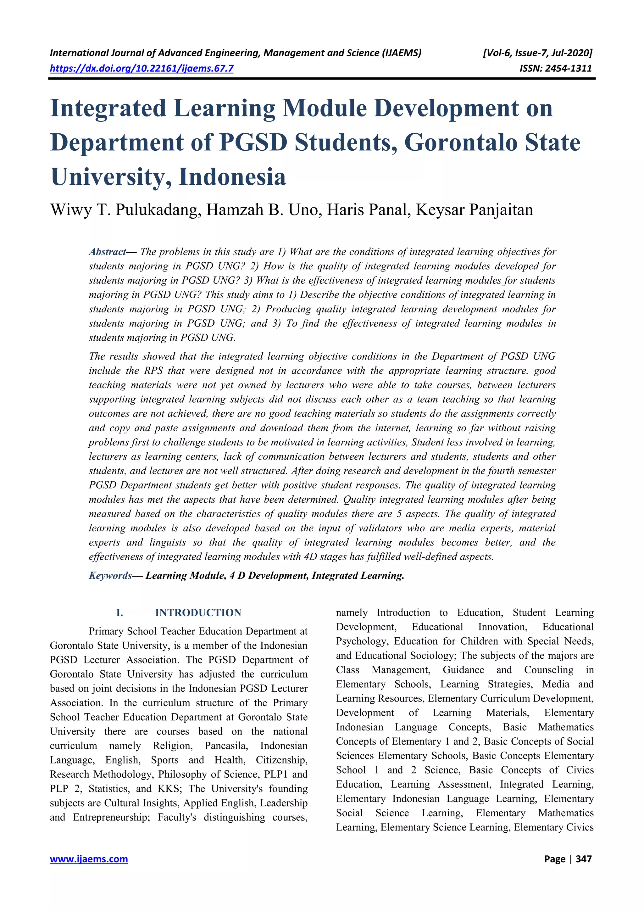 Integrated Learning Module Development on Department of PGSD Students, Gorontalo State ...