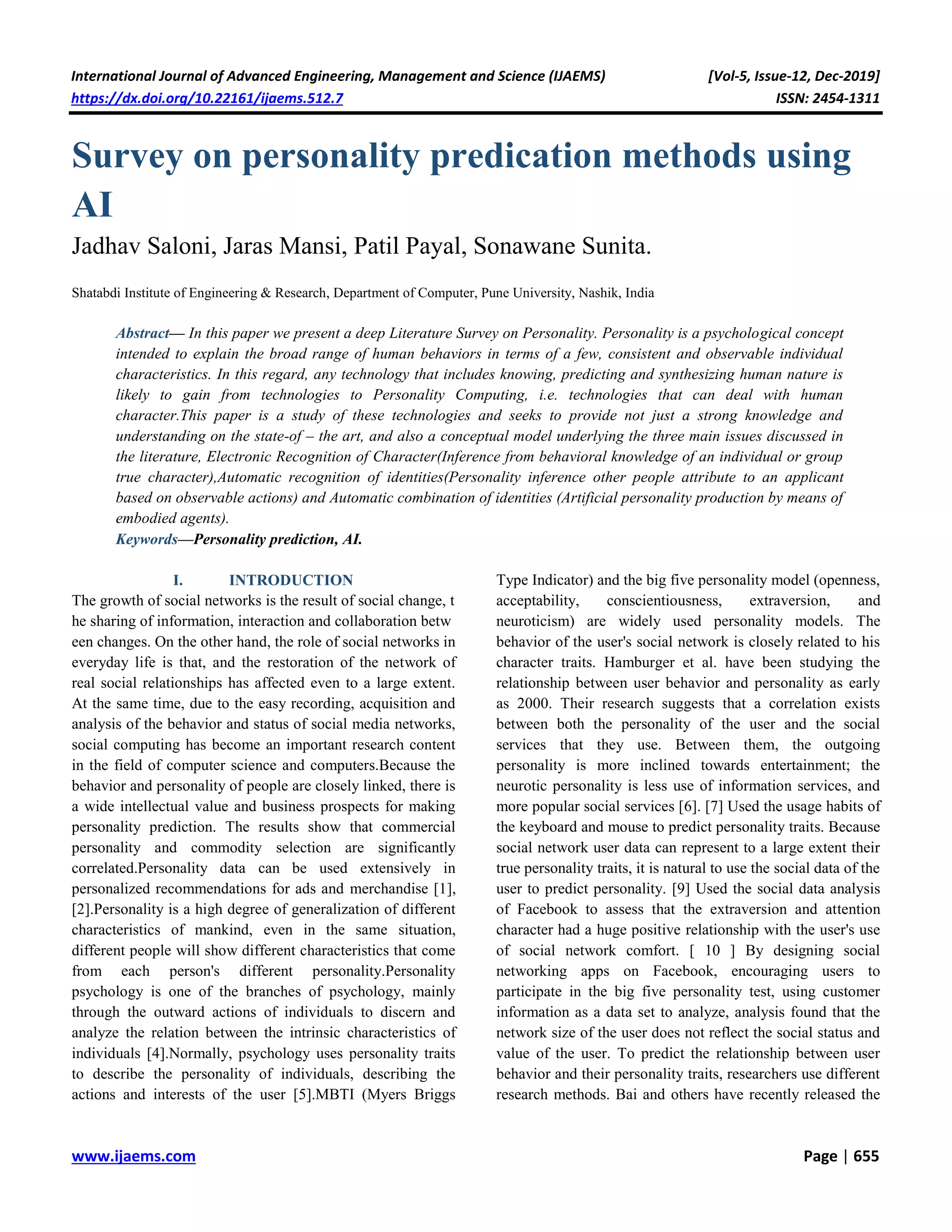 Survey on personality predication methods using AI | PDF