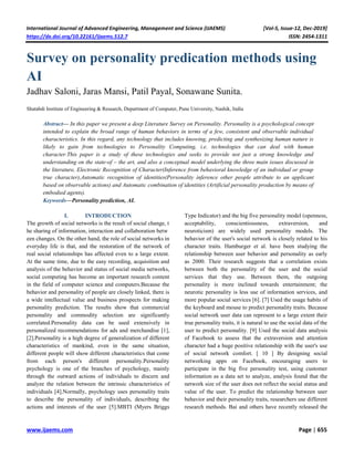 Survey on personality predication methods using AI | PDF