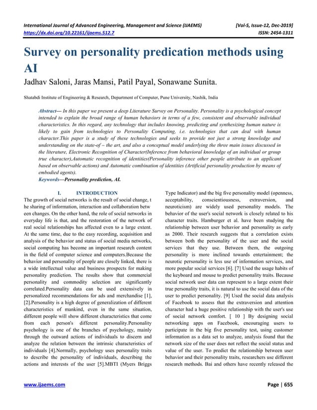 Survey on personality predication methods using AI | PDF