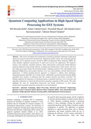 Quantum Computing Applications in High-Speed Signal Processing for EEE Systems | PDF