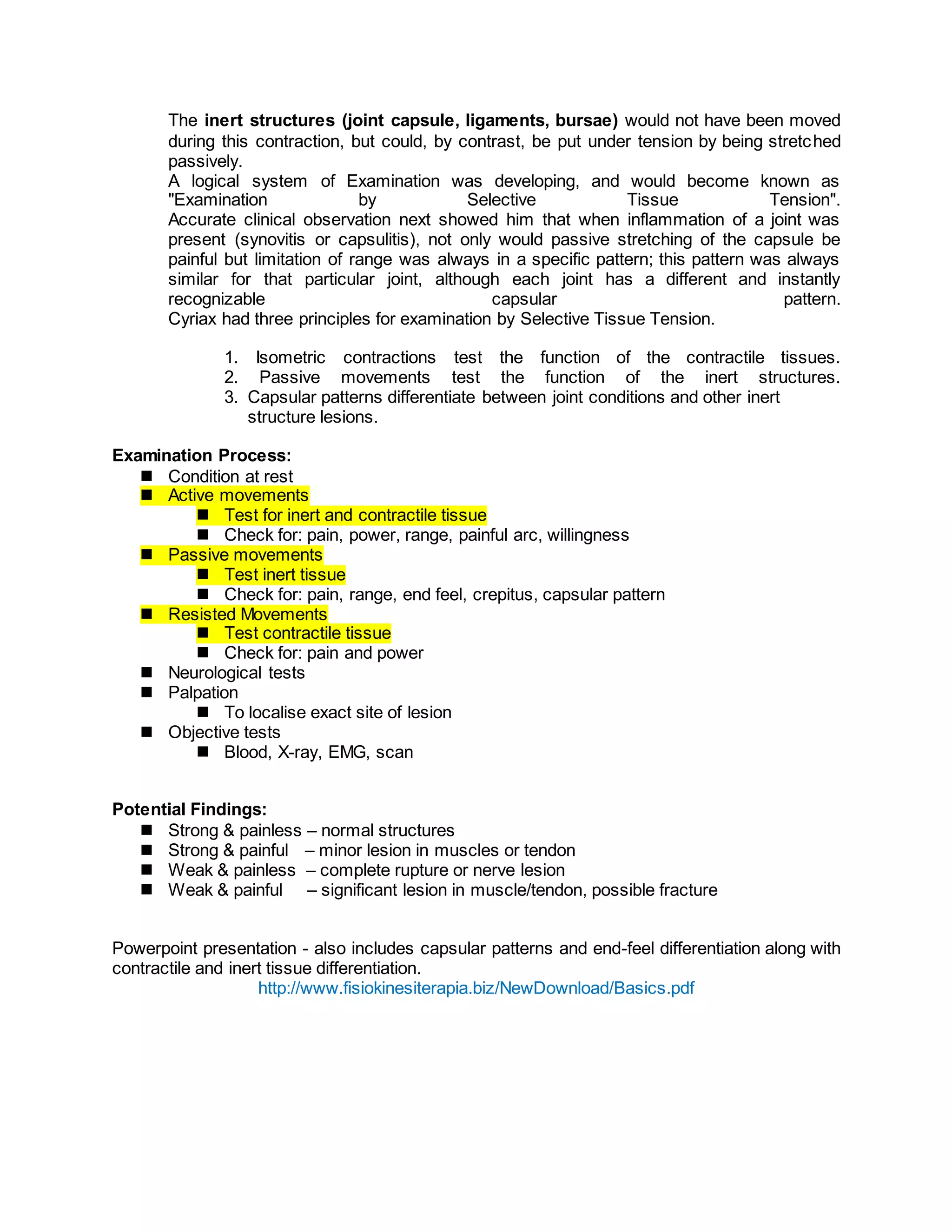 Cyriax tenets of the physical examination process | DOCX
