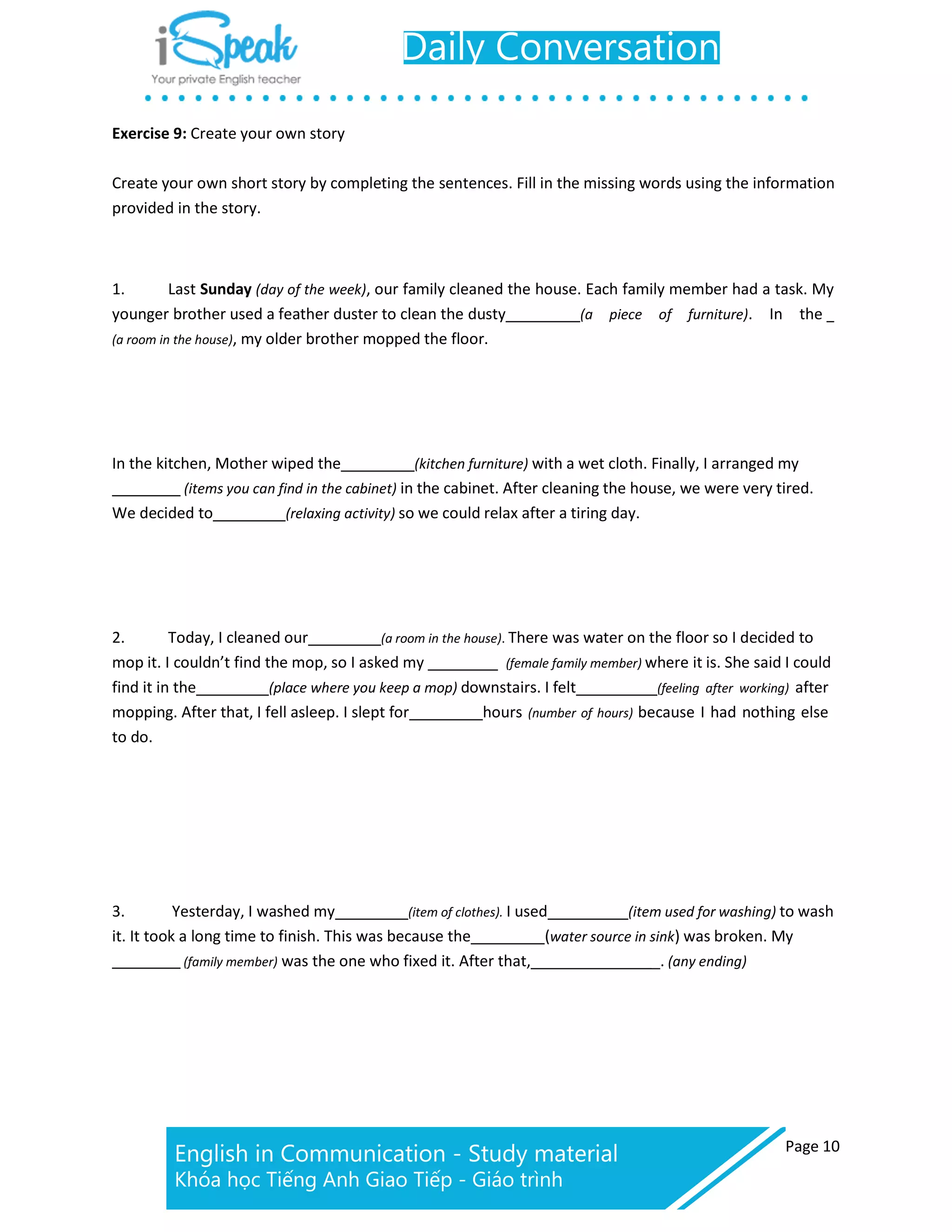 Chapter 9 unit 1. i'm cleaning... | PDF