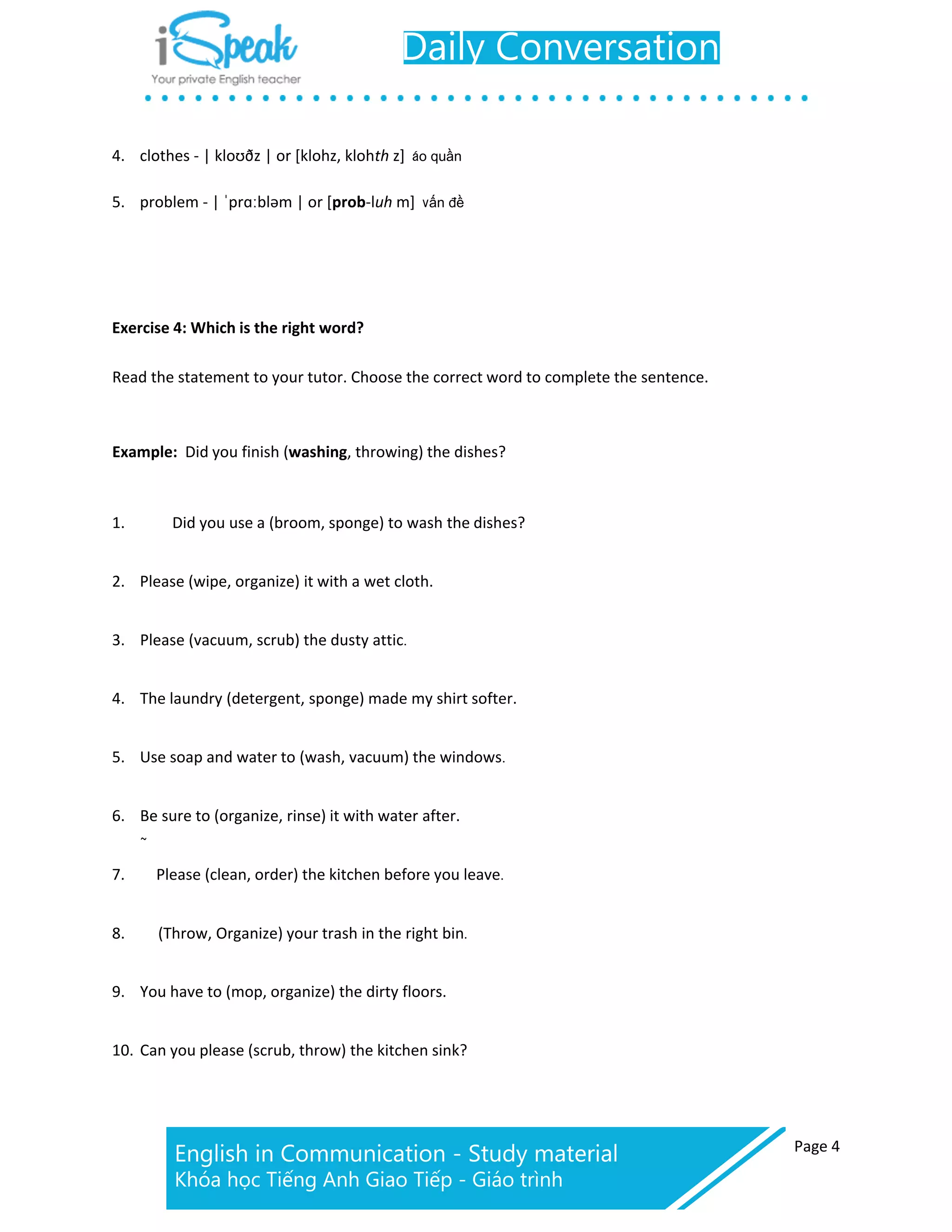 Chapter 9 unit 1. i'm cleaning... | PDF