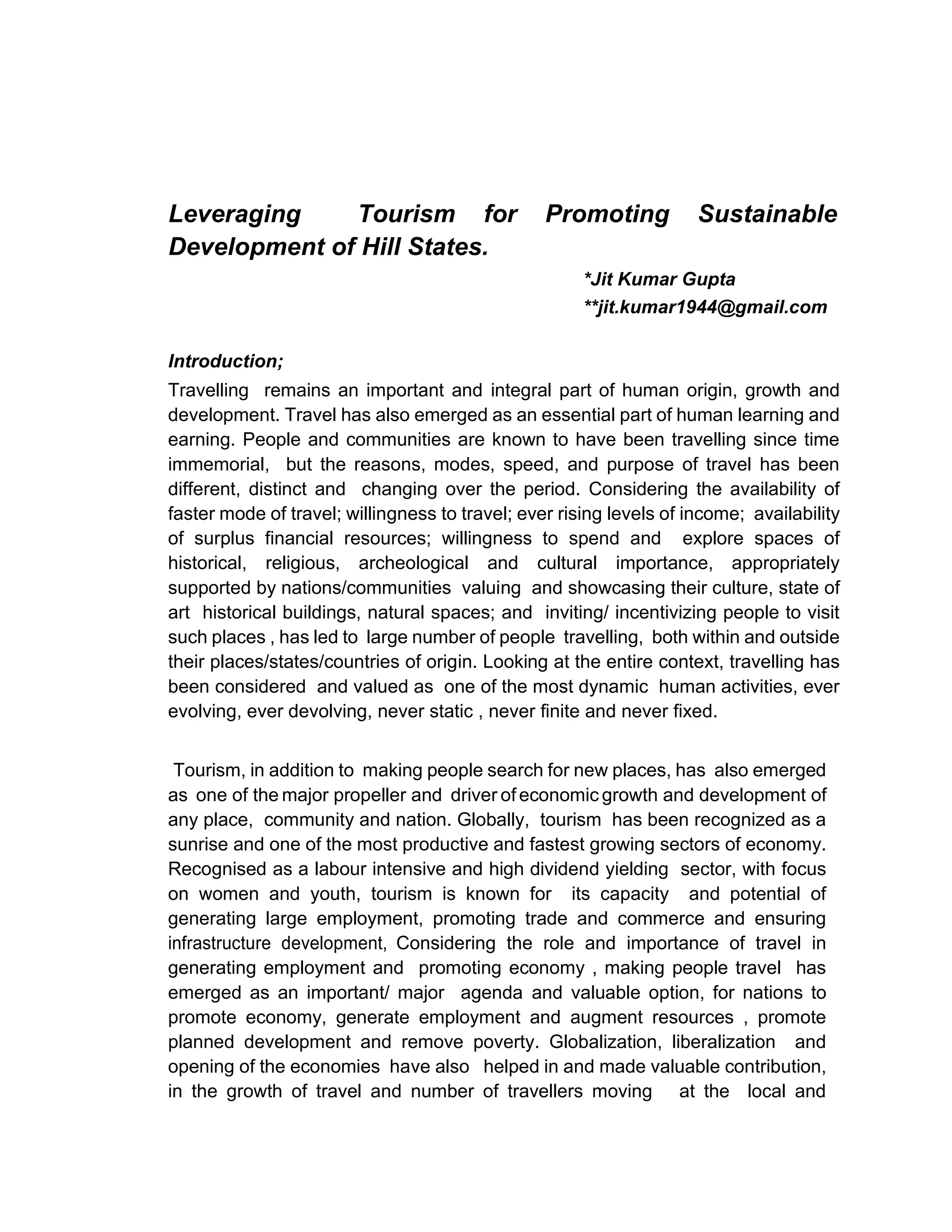 7 Leveraging Tourism for Promoting Sustainable Development of Hill ...