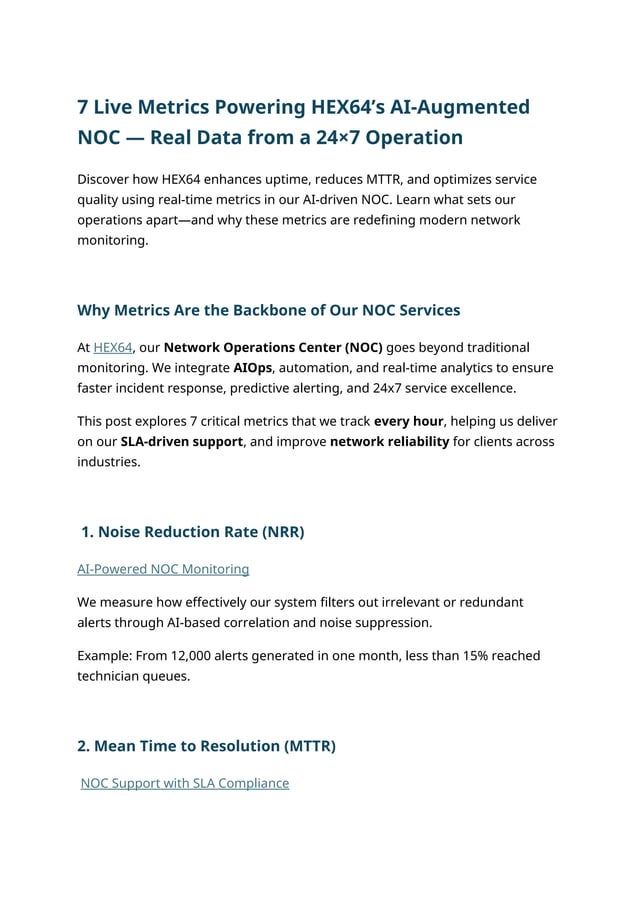 7 Live Metrics Powering HEX64’s AI-Augmented NOC — Real Data | DOCX