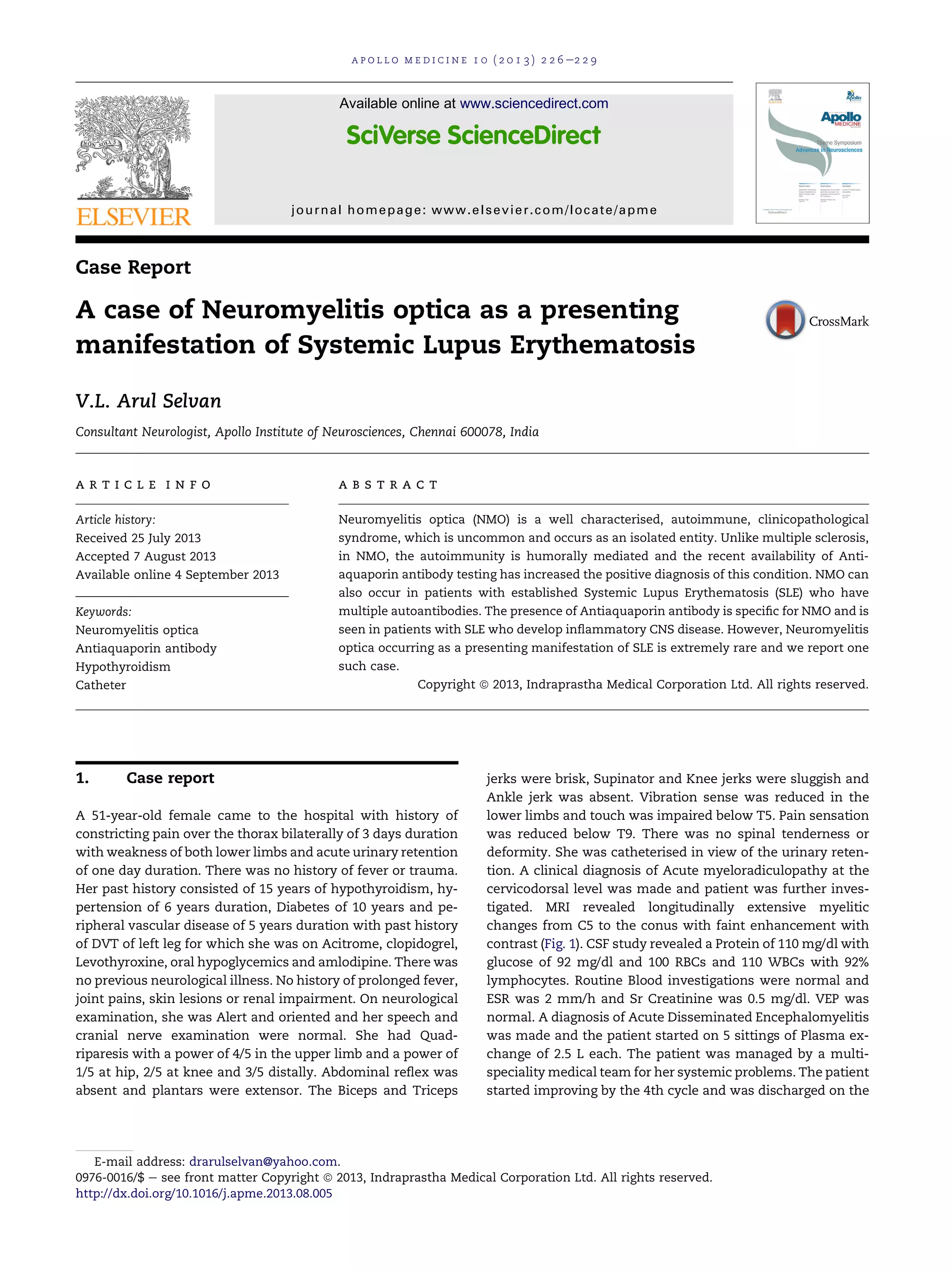 A case of Neuromyelitis optica as a presenting manifestation of Systemic Lupus Erythematosis | PDF