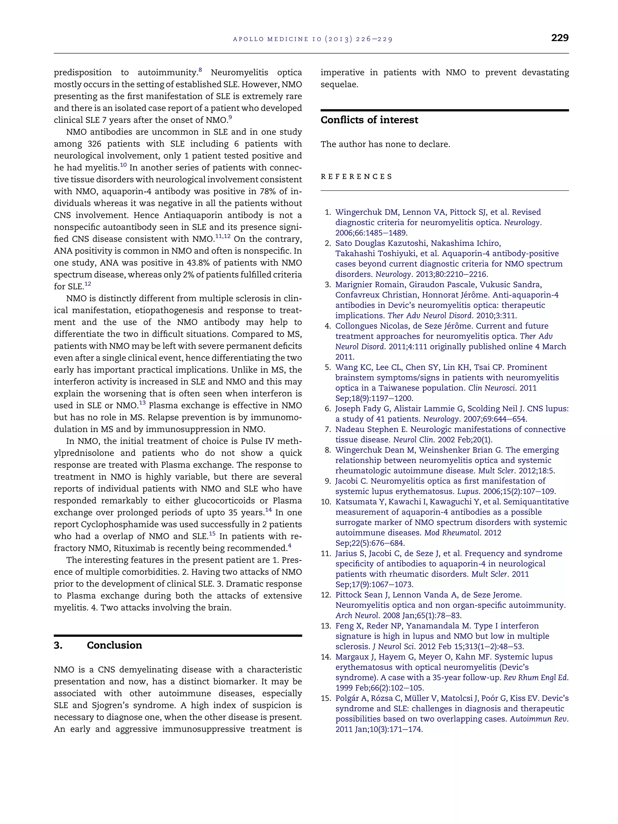 A case of Neuromyelitis optica as a presenting manifestation of Systemic Lupus Erythematosis | PDF