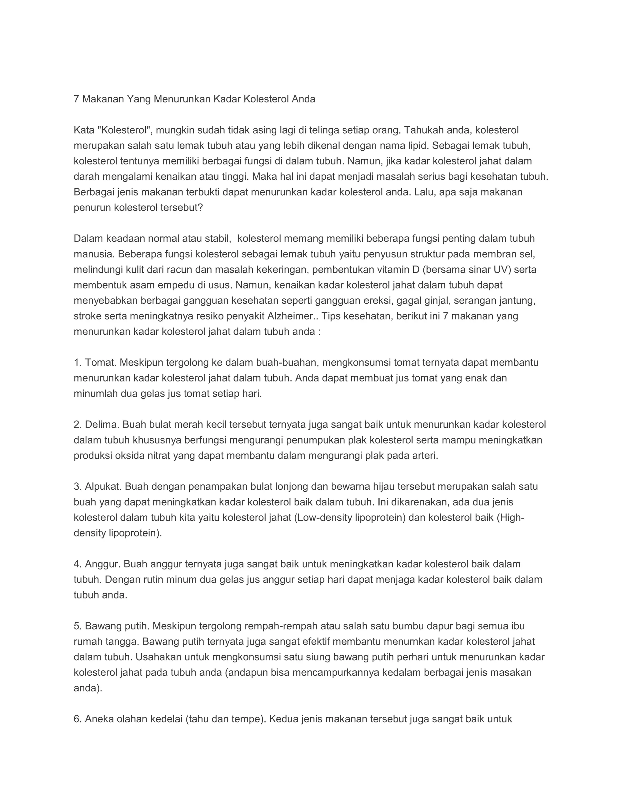 7 makanan yang menurunkan kadar kolesterol anda | PDF