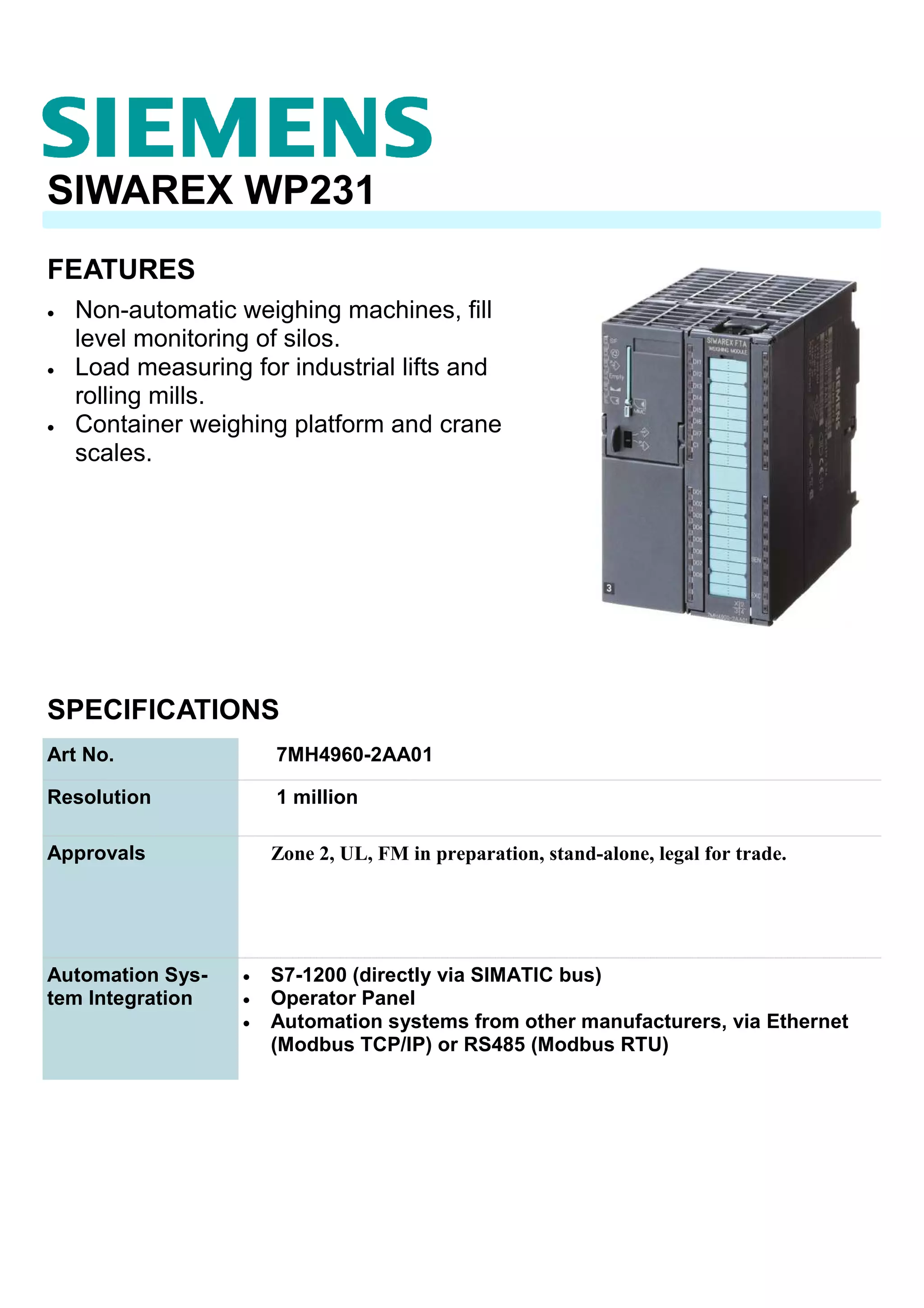 7MH4960-2AA01 SIWAREX WP231 | PDF