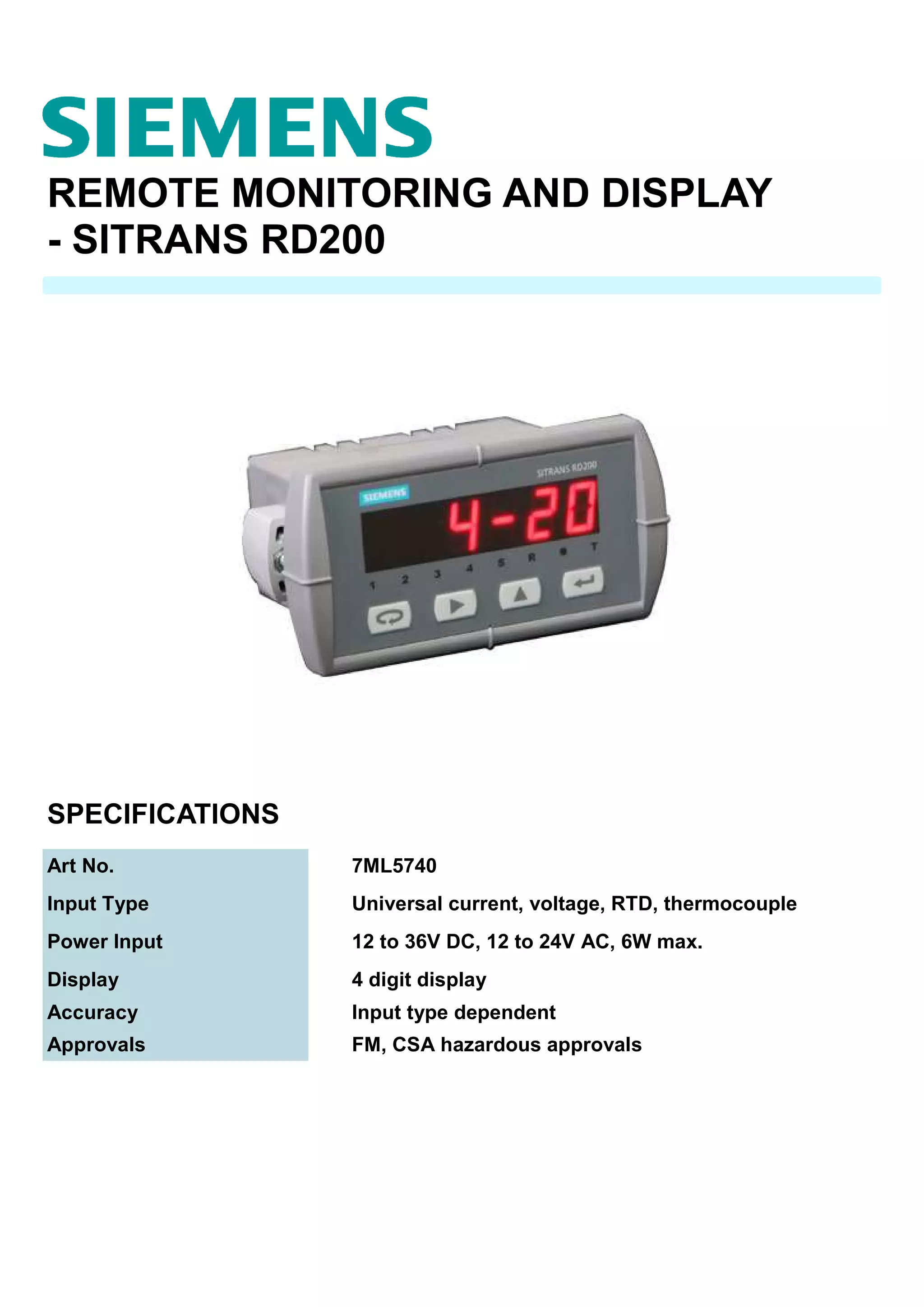7ML5740 SIEMENS REMOTE MONITORING AND DISPLAY - SITRANS RD200 | PDF