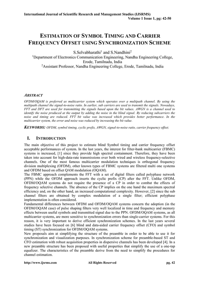 ESTIMATION OF SYMBOL TIMING AND CARRIER FREQUENCY OFFSET USING SYNCHRONIZATION SCHEME | PDF ...