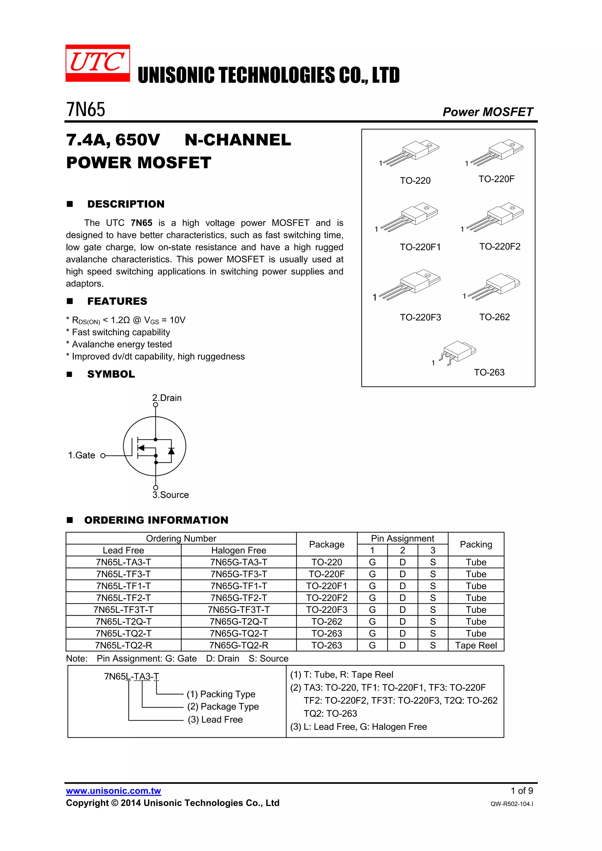 Original N-Channel Mosfet 7N65L-TF1-T UTC7N65L 7.4A 650V TO-263 New UTC | PDF