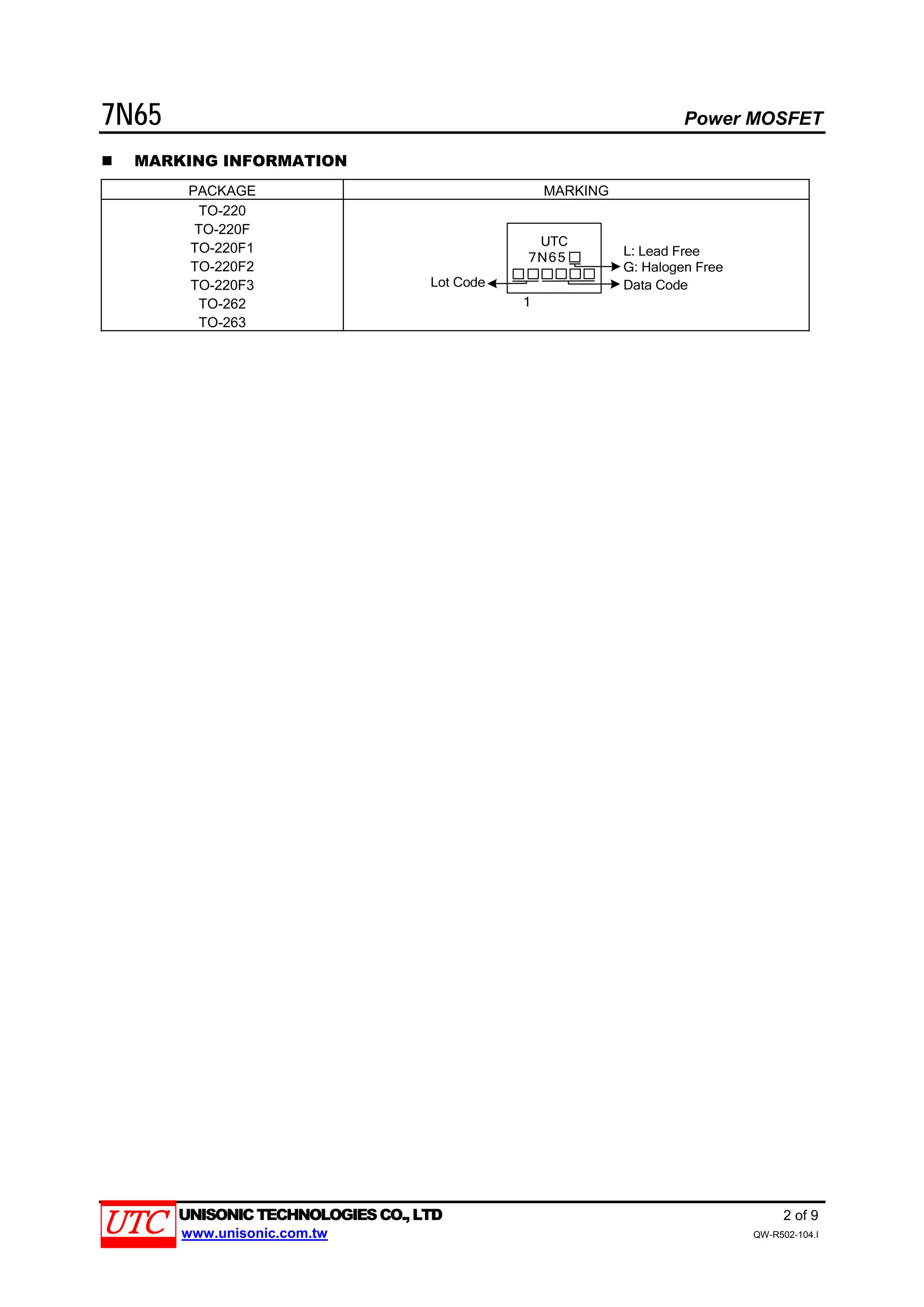 Original N-Channel Mosfet 7N65L-TF1-T UTC7N65L 7.4A 650V TO-263 New UTC | PDF