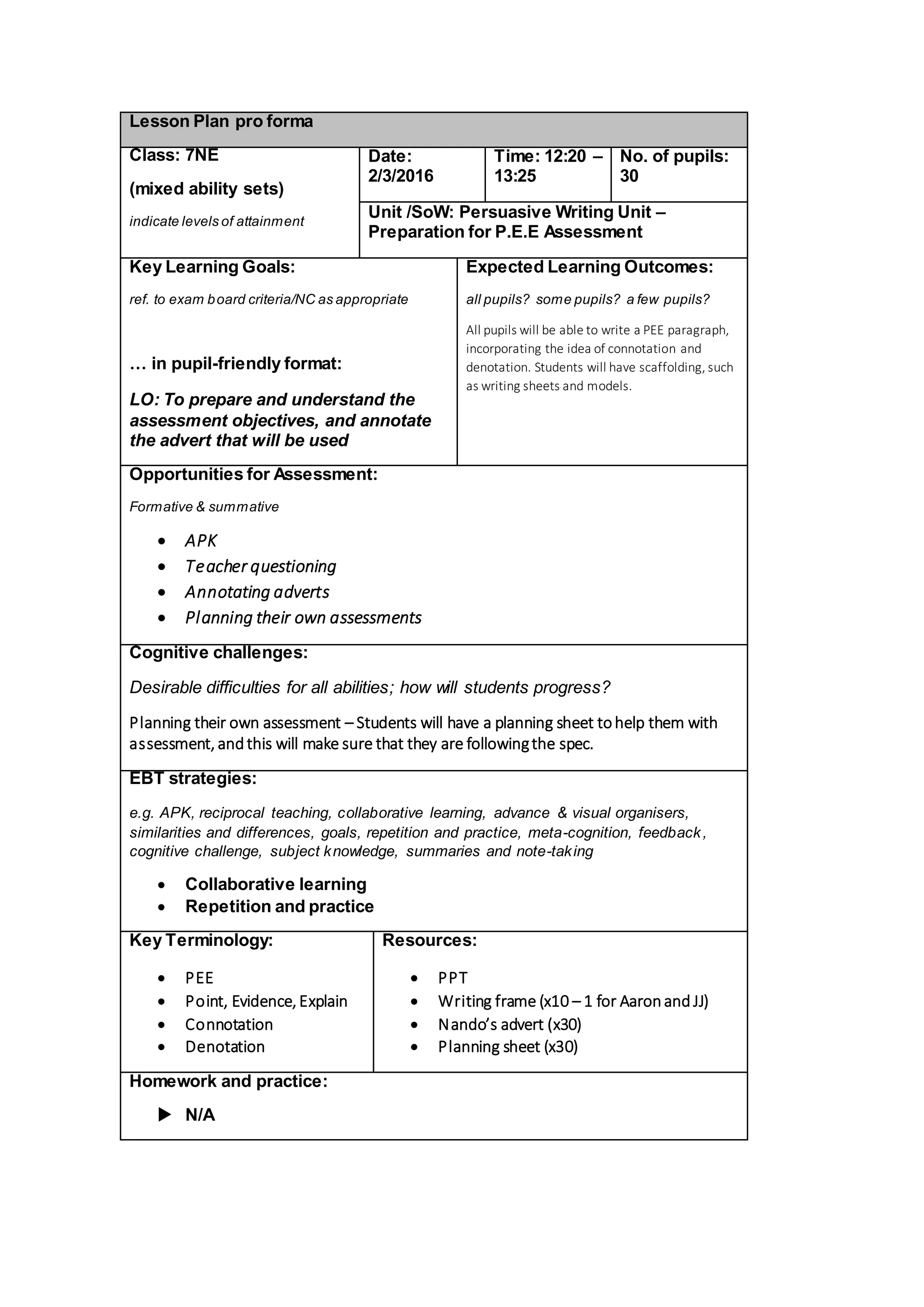 7NE Lesson 12 plan | DOCX | Educational Assessment | Education