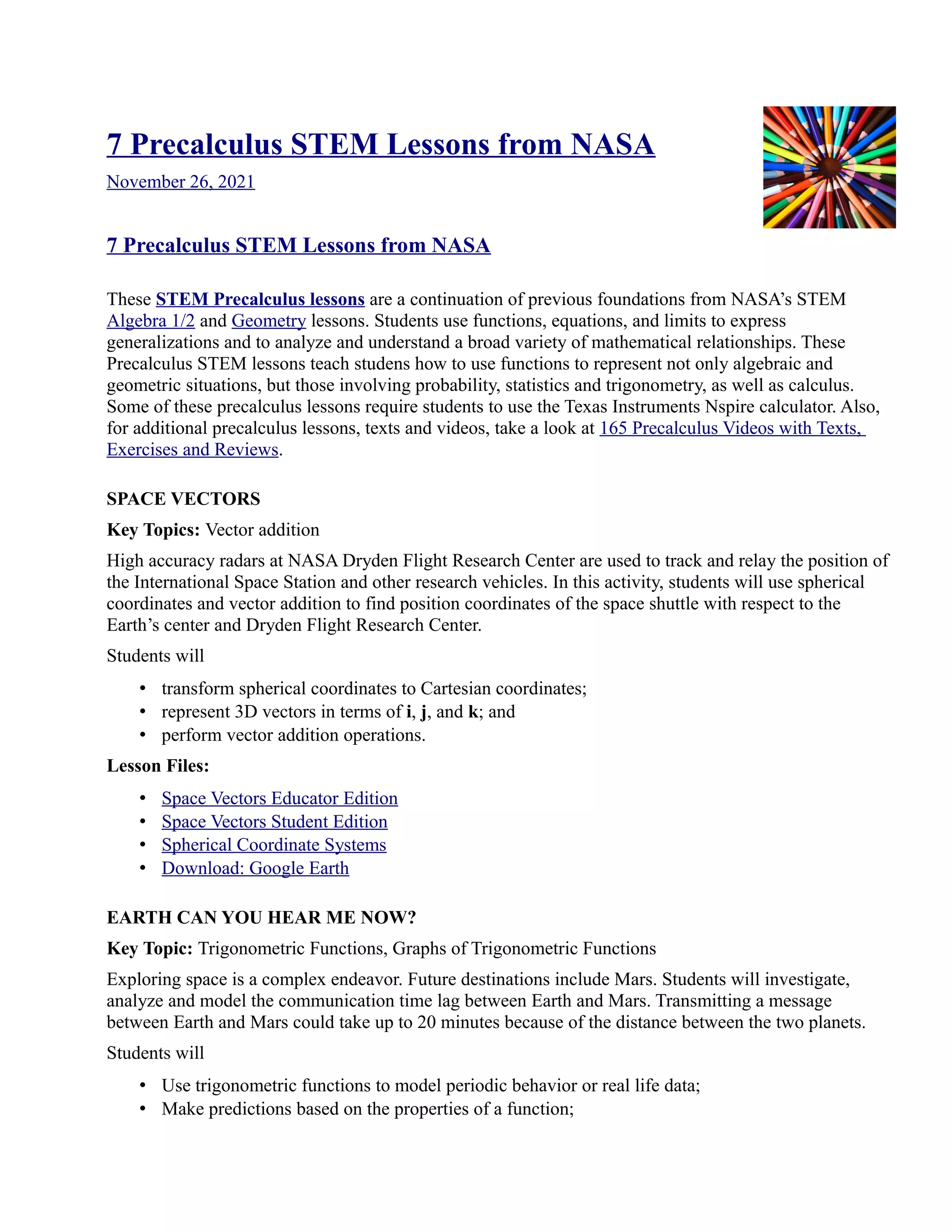 7 Precalculus STEM Lessons from NASA | PDF