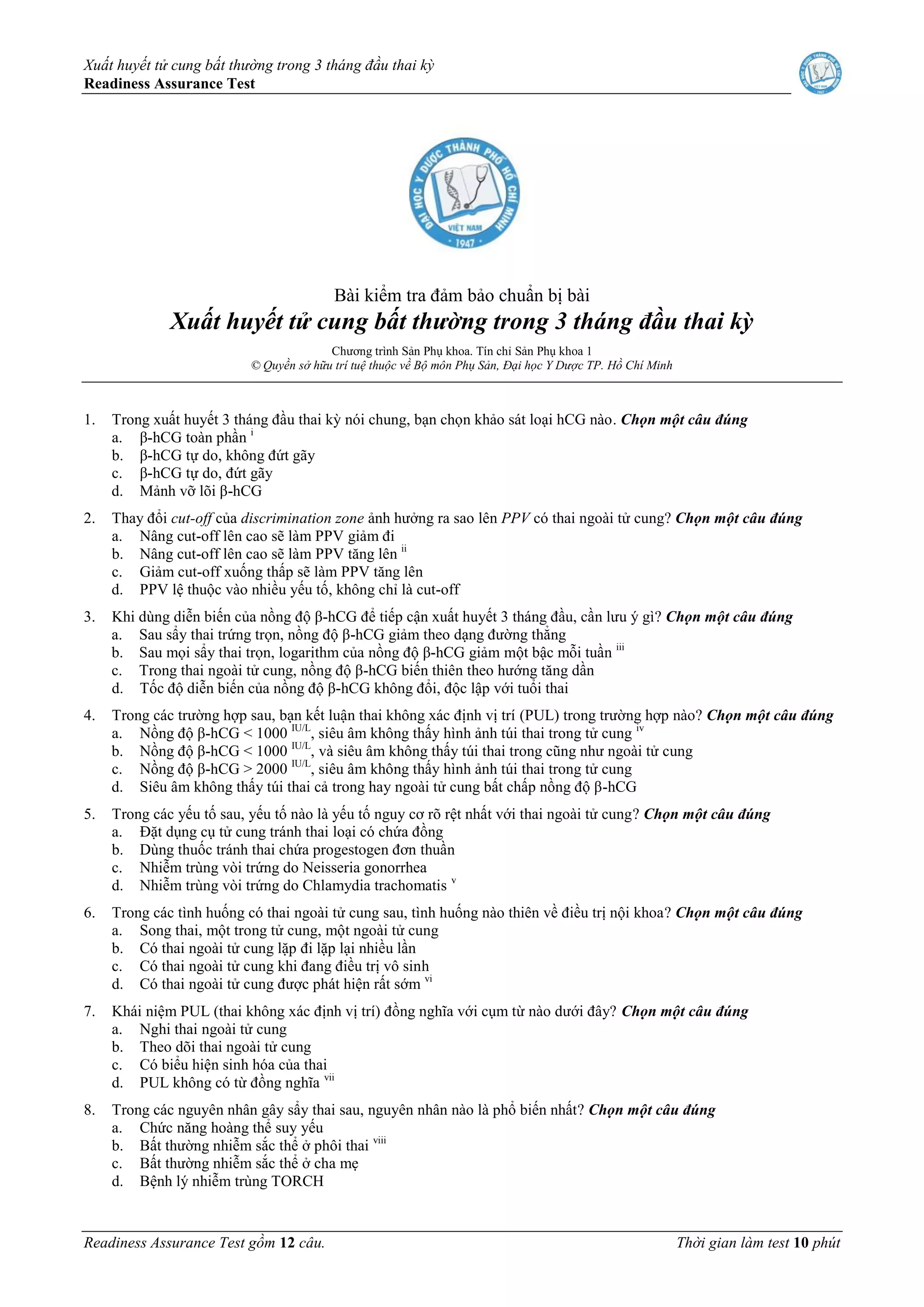 TRẮC NGHIỆM XUẤT HUYẾT TỬ CUNG BẤT THƯỜNG TRONG 3 THÁNG ĐẦU THAI KỲ (1) | PDF