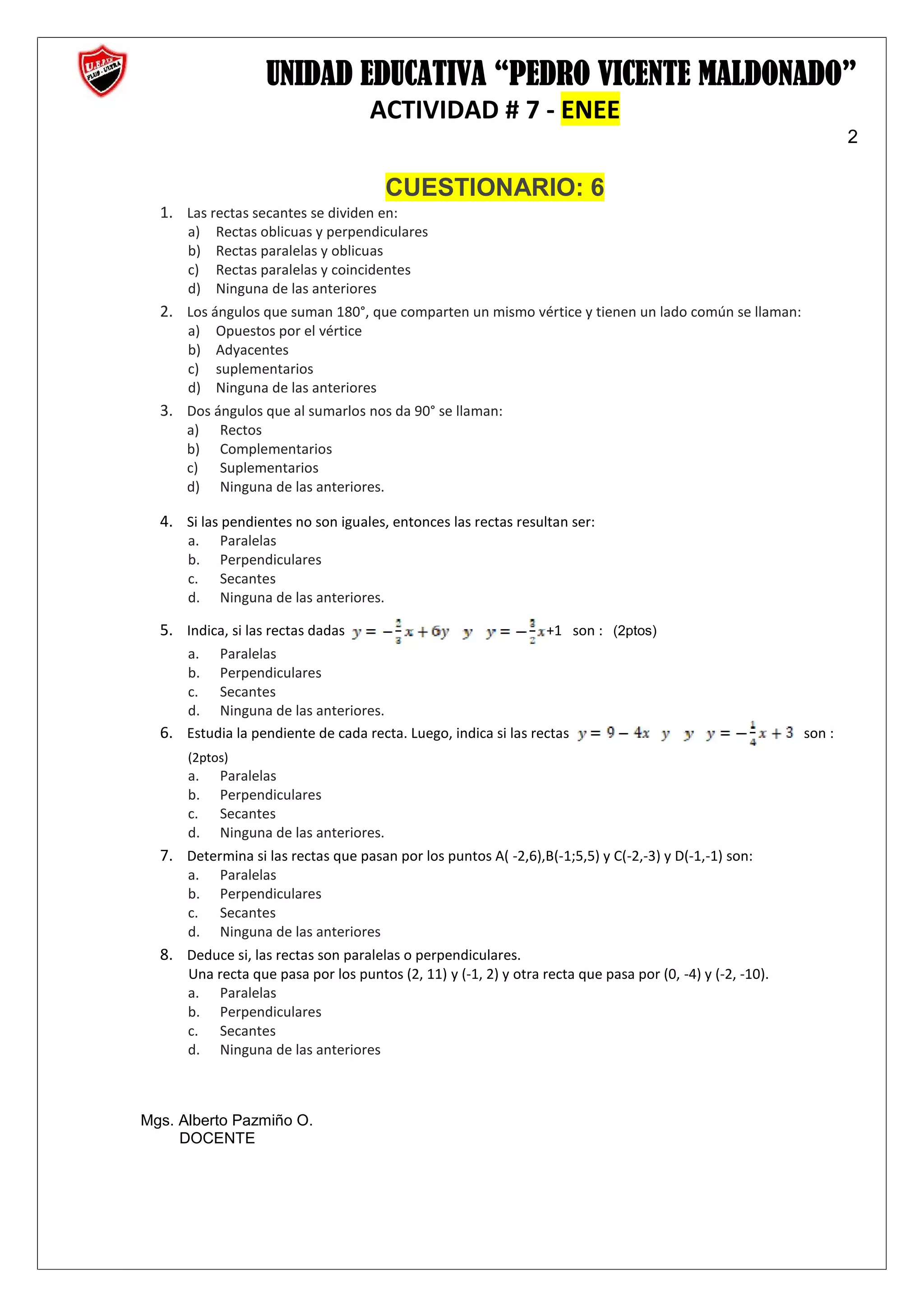 7 rectas paraleleas y perpendiculares enne (10mos e , f ) | PDF