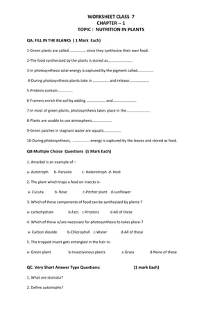 Nutrition in plants Science work sheet class VII | PDF