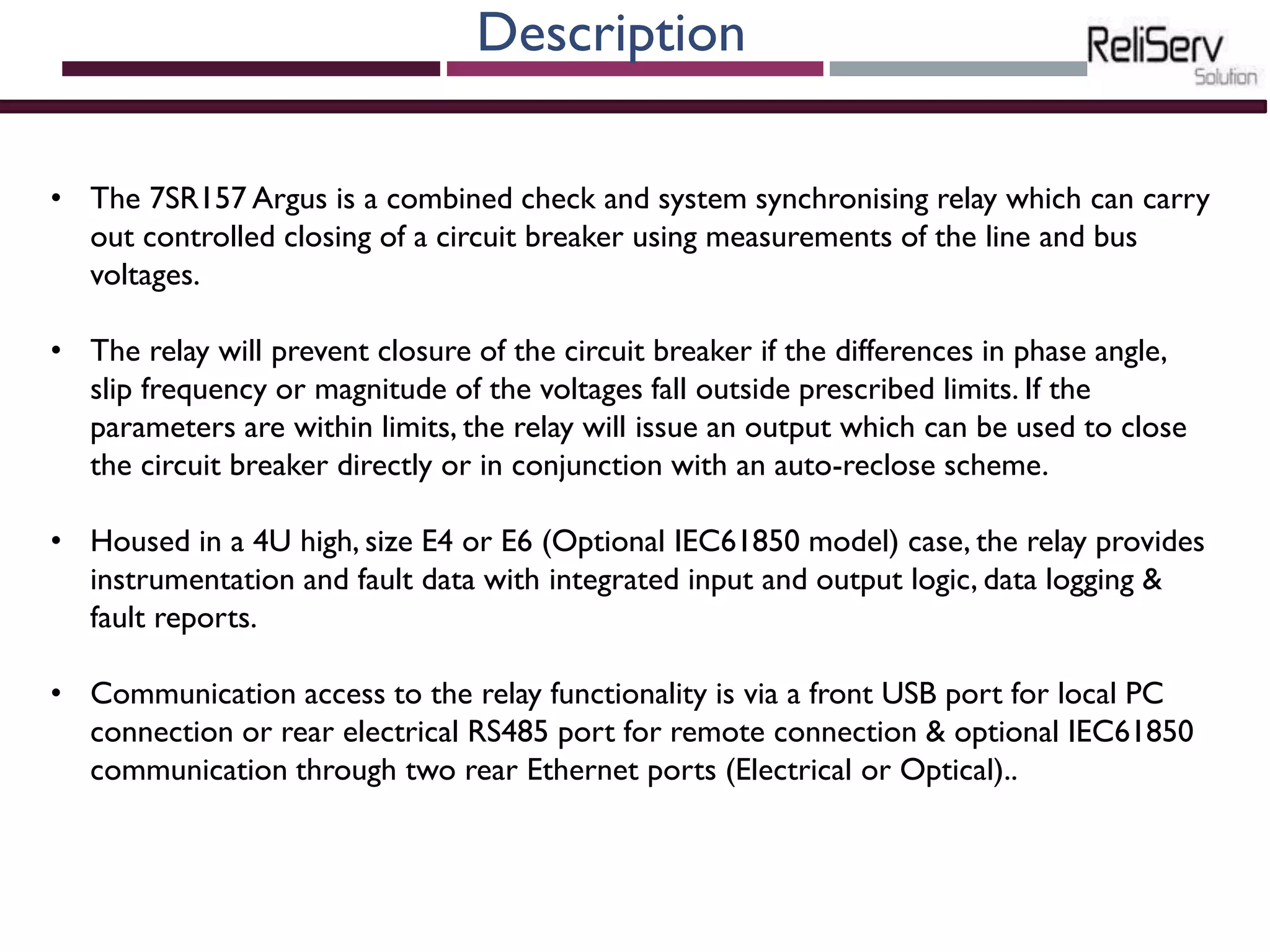 7SR157 Synchronising Protective Relay | PDF
