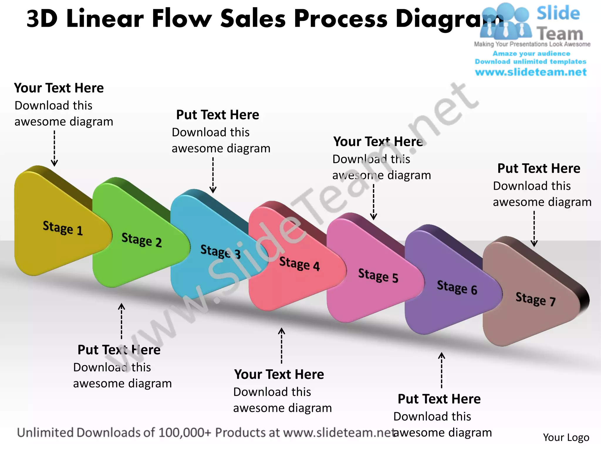 7 stages design 3d linear flow sales process diagram powerpoint ...