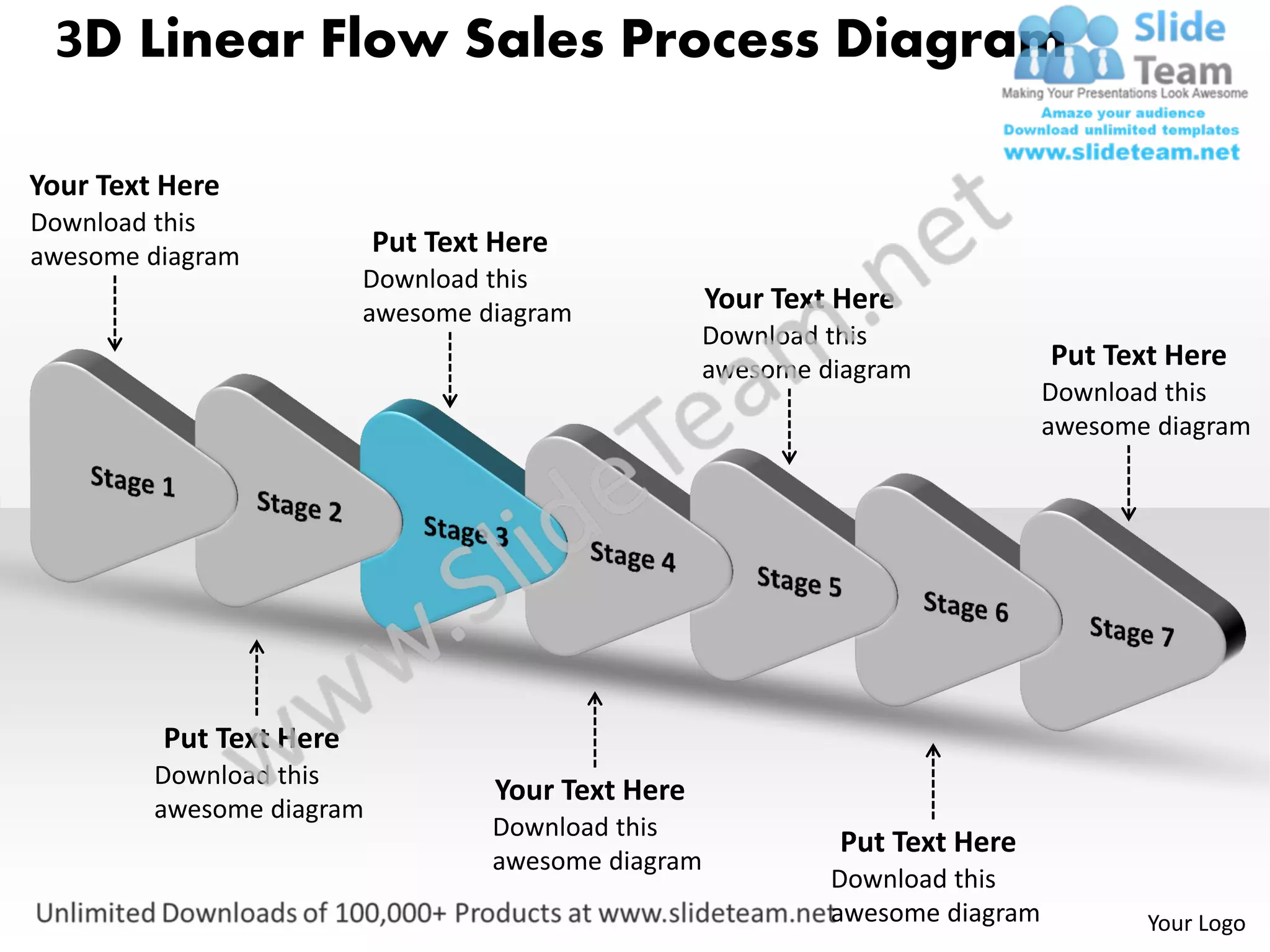 7 stages design 3d linear flow sales process diagram powerpoint ...