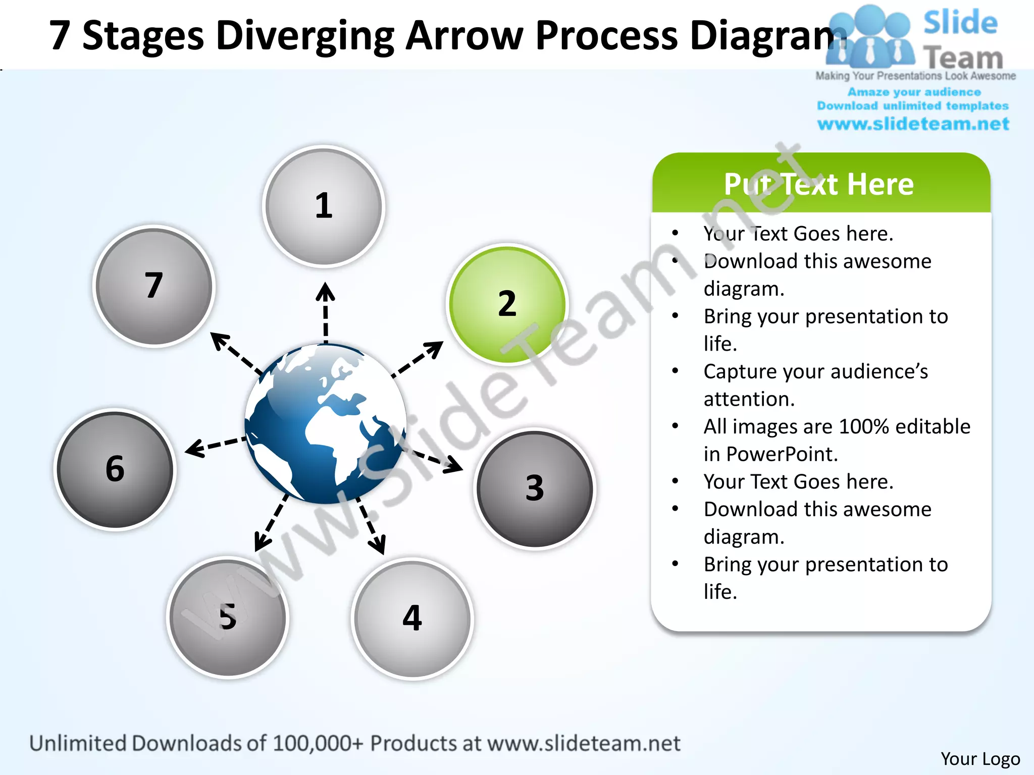 7 stages diverging arrow process diagram circular flow chart power point slides | PPT
