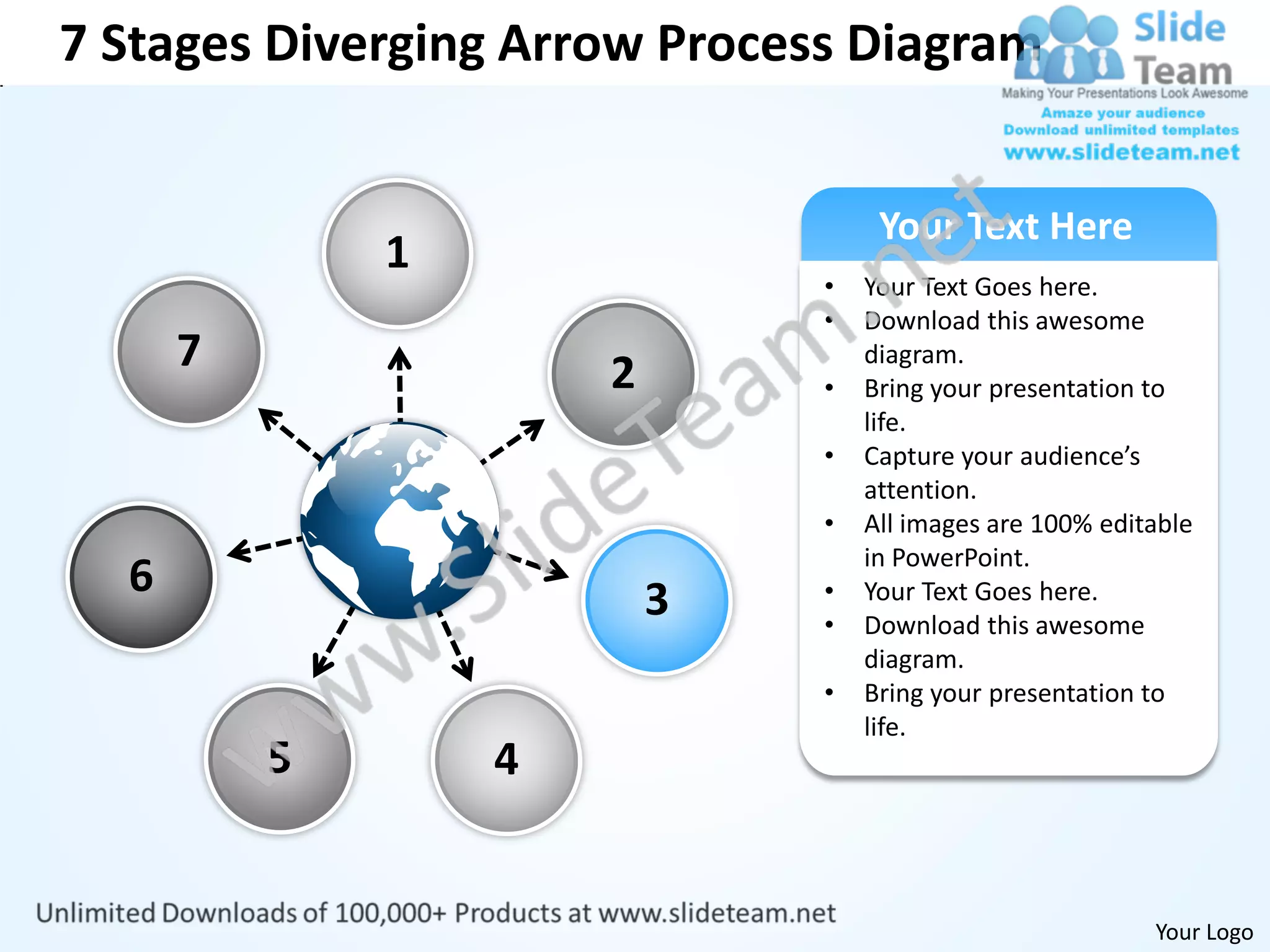 7 stages diverging arrow process diagram circular flow chart power point slides | PPT