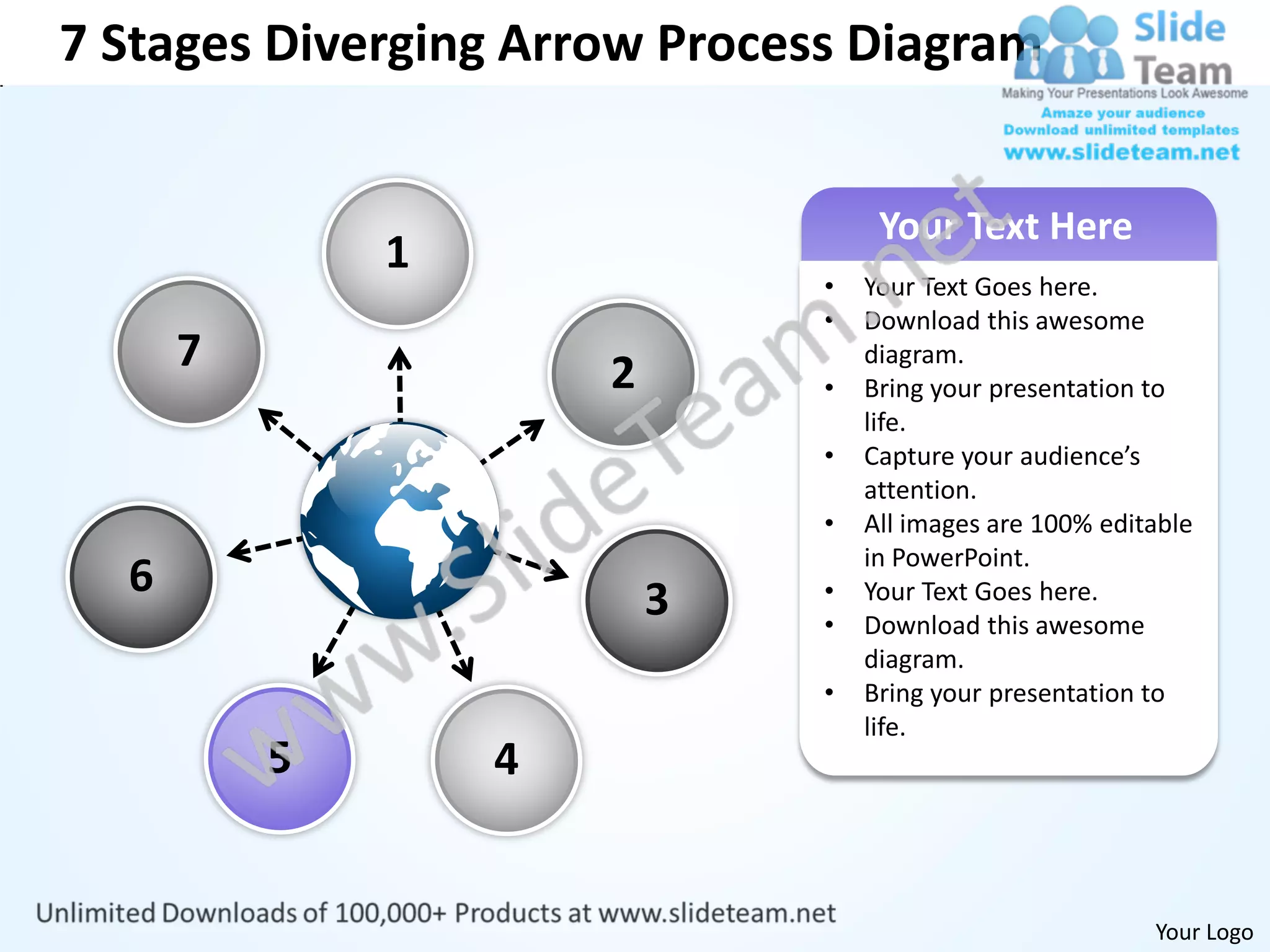 7 stages diverging arrow process diagram circular flow chart power point slides | PPT