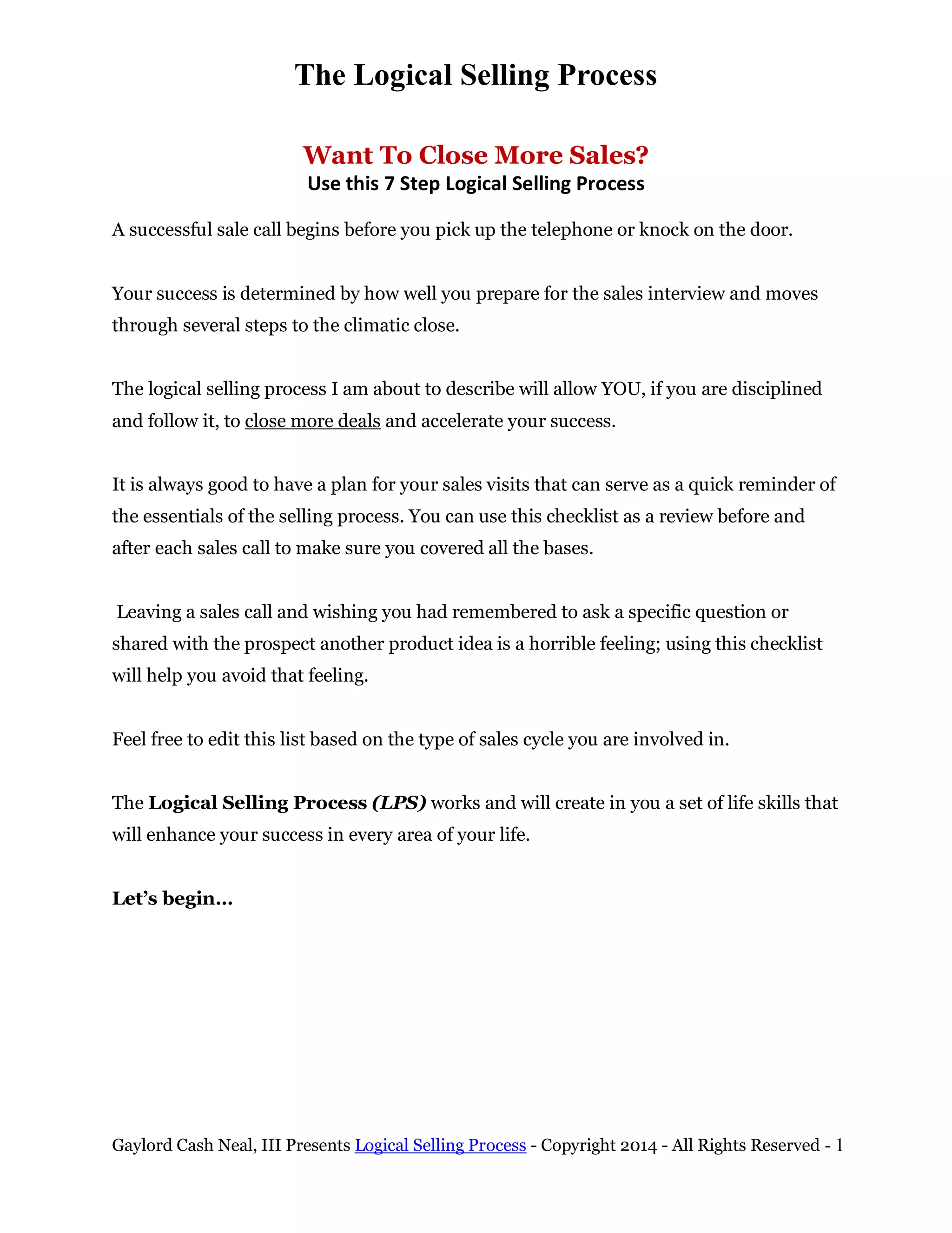7 Step Logical Sales Process | PDF