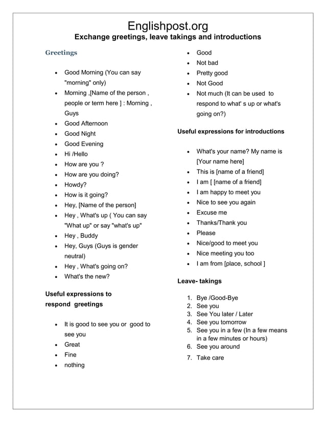 Greeting, Introduction and Leave - Takings (Englishpost.org) | PDF