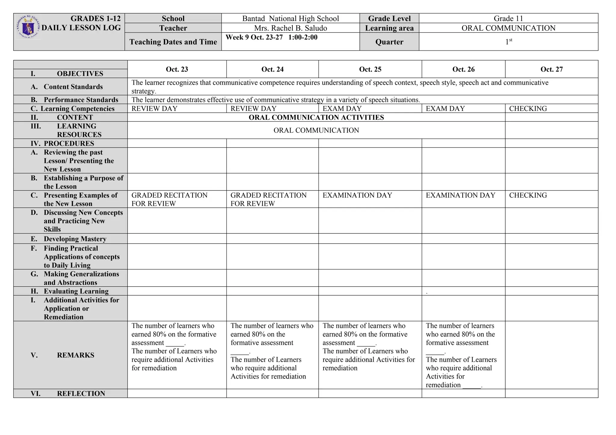 daily lesson log week 7 oral communication | DOCX